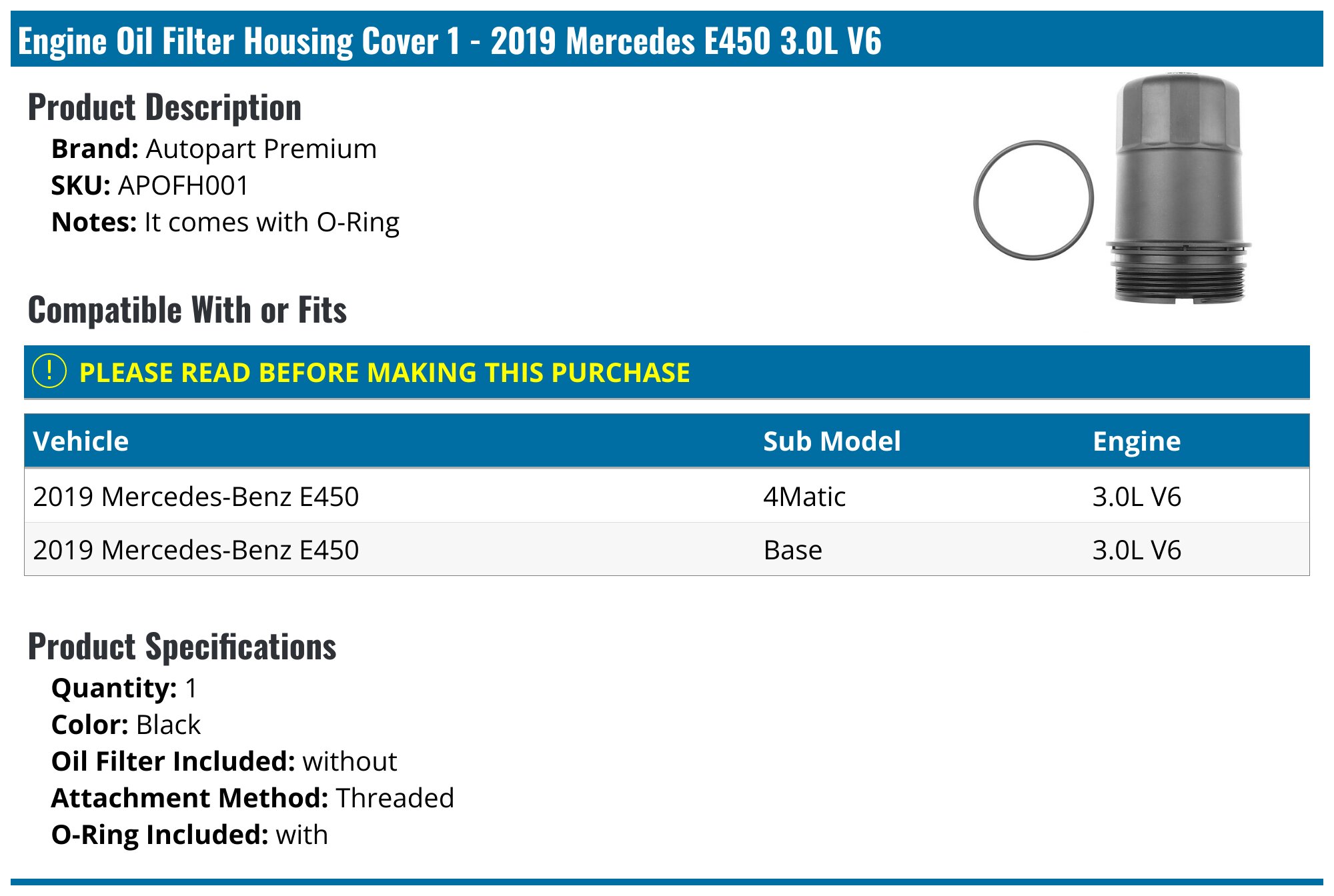 2019 Mercedes E450 Engine Oil Filter Housing Cover - Autopart Premium ...