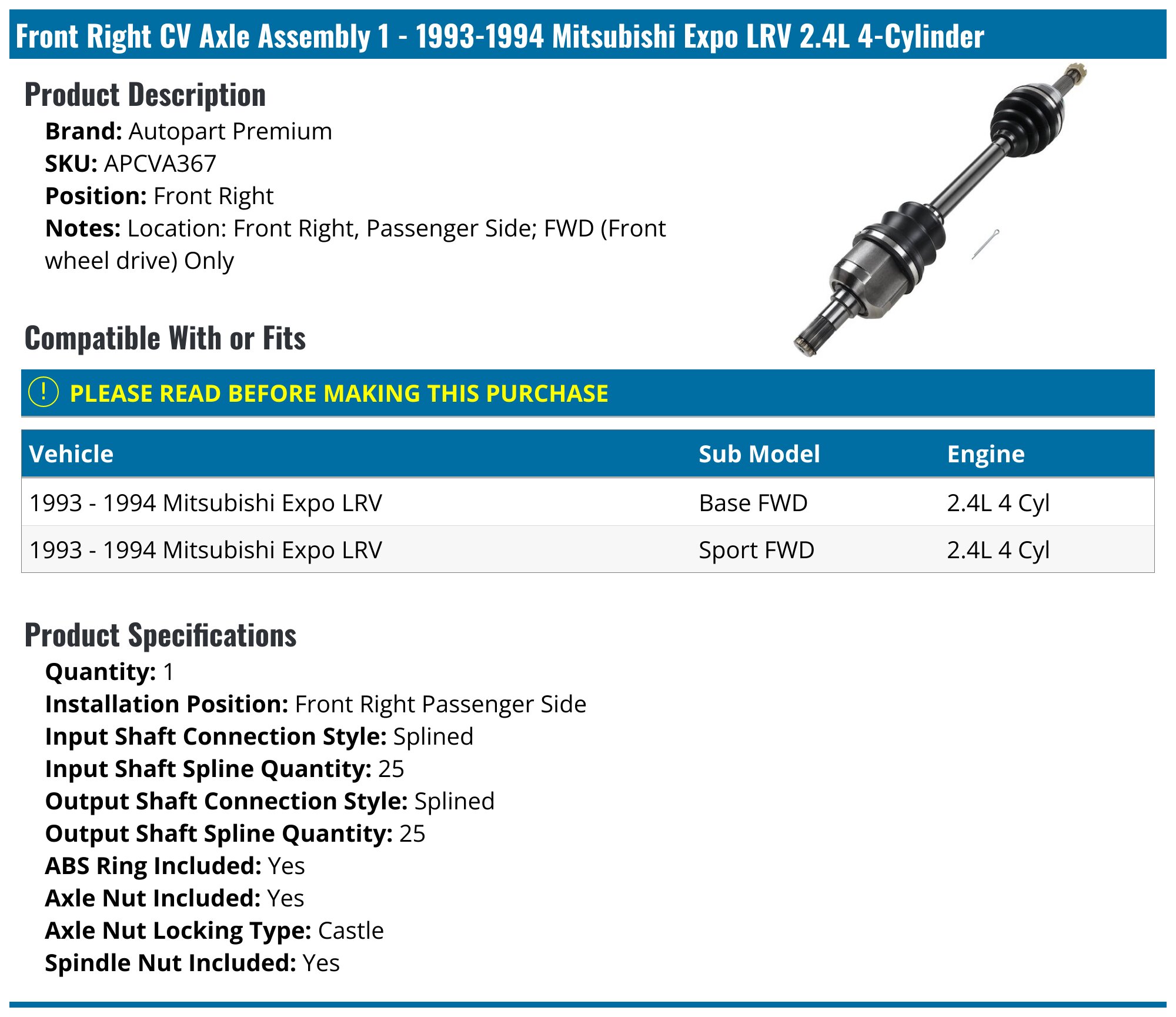 1993-1994 Mitsubishi Expo LRV Axle Assembly - Autopart Premium APCVA367 ...