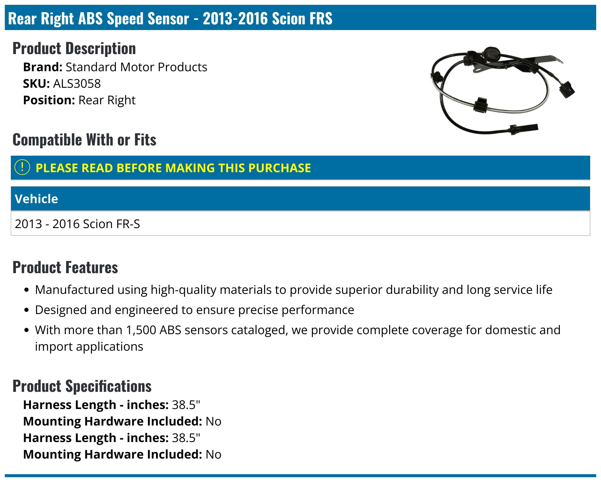 2013-2016 Scion FRS ABS Speed Sensor - Standard Motor Products ALS3058 ...