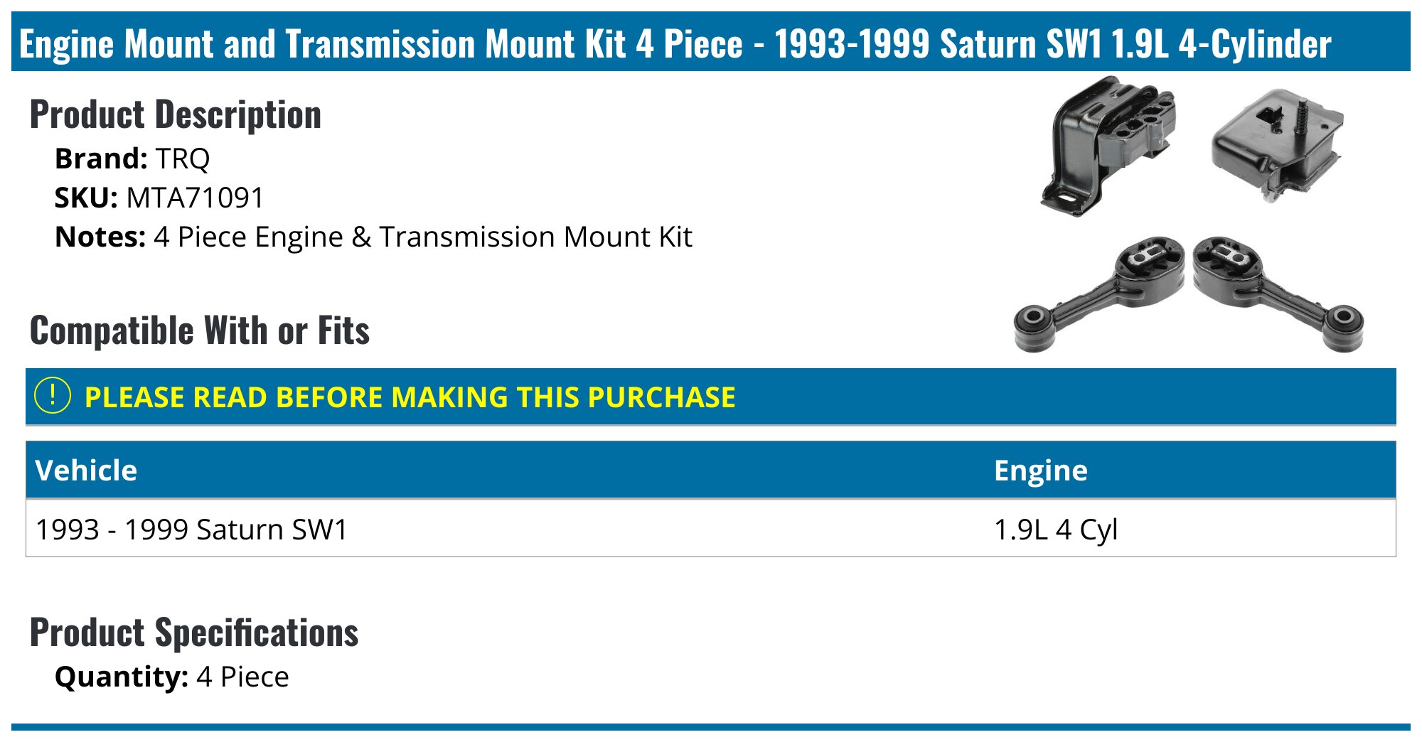 1993-1999 Saturn SW1 Engine Mount - TRQ MTA71091 - PartsGeek.com