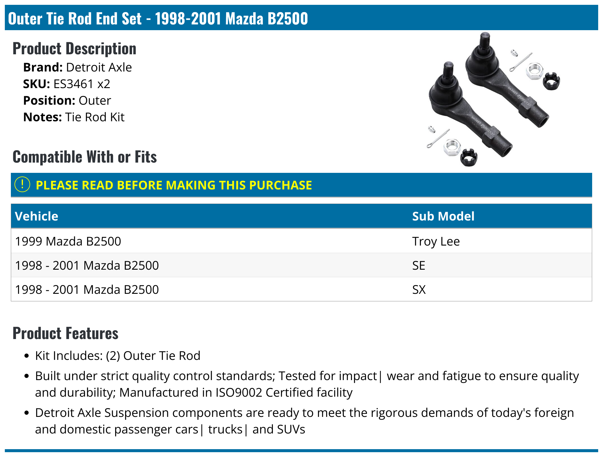 1998-2001 Mazda B2500 Tie Rod End - Detroit Axle ES3461 x2 - Front ...