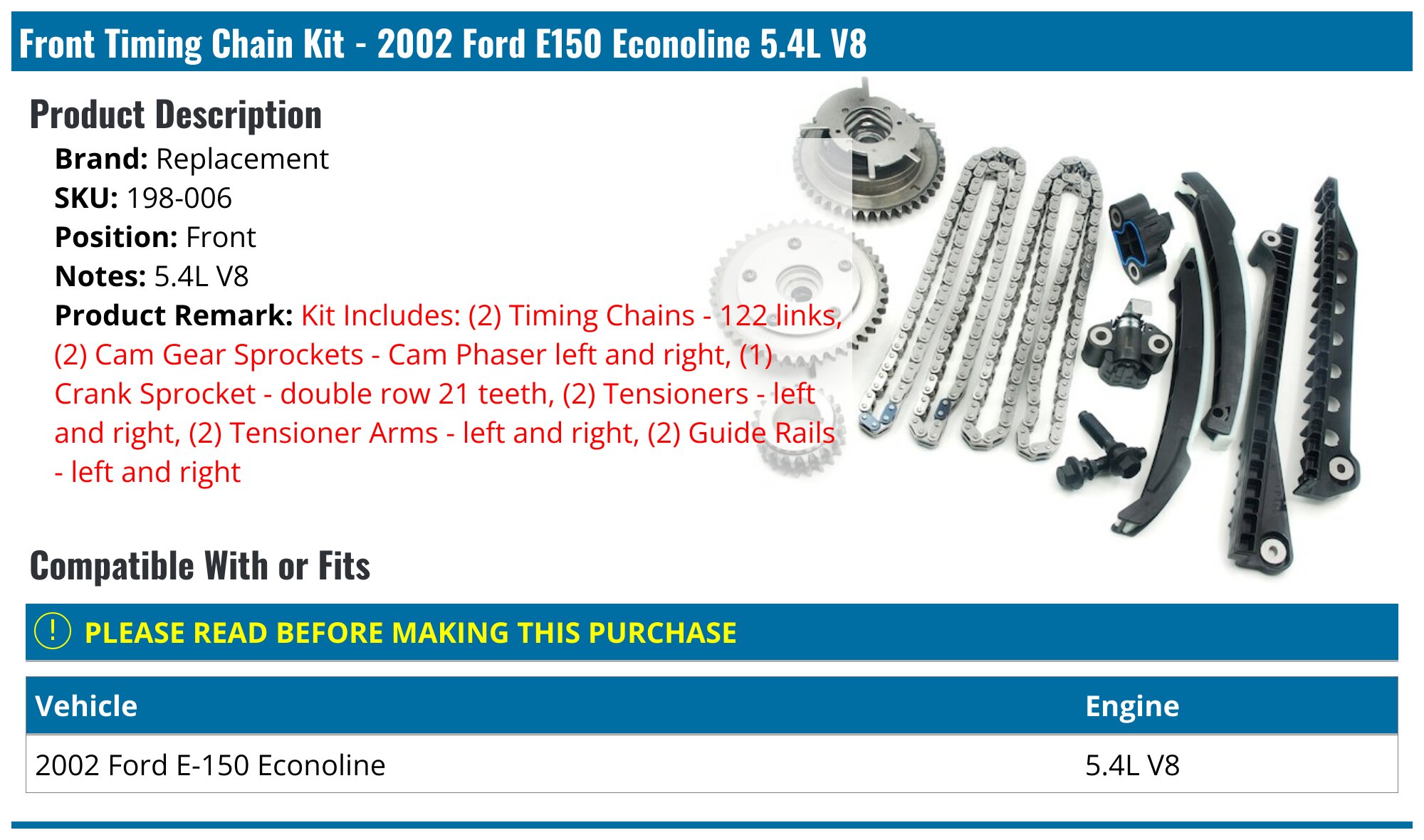 2002 Ford E150 Econoline Timing Chain - Replacement 198-006 - Front ...