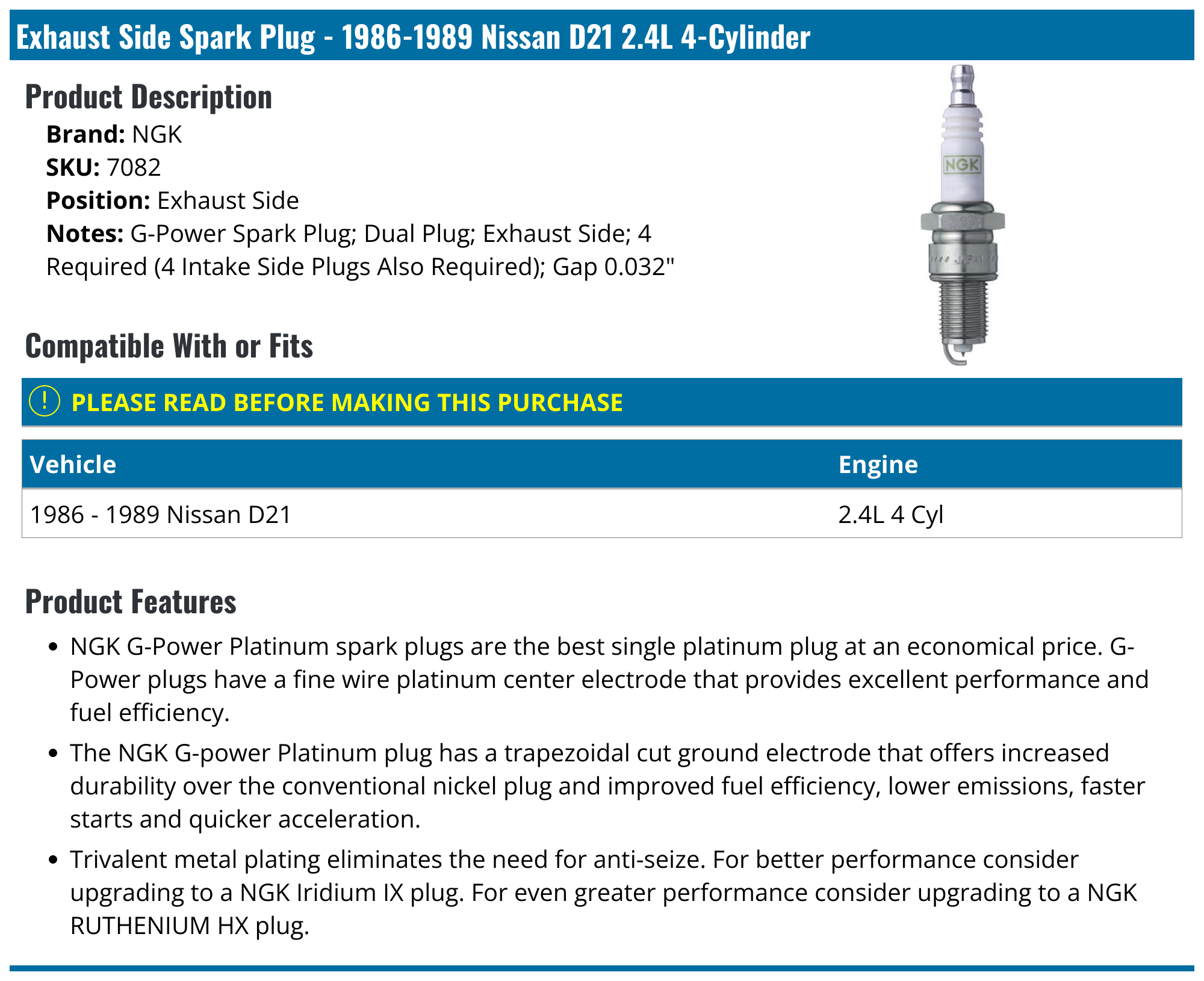 1986-1989 Nissan D21 Spark Plug - NGK 7082 - Exhaust Side - PartsGeek.com