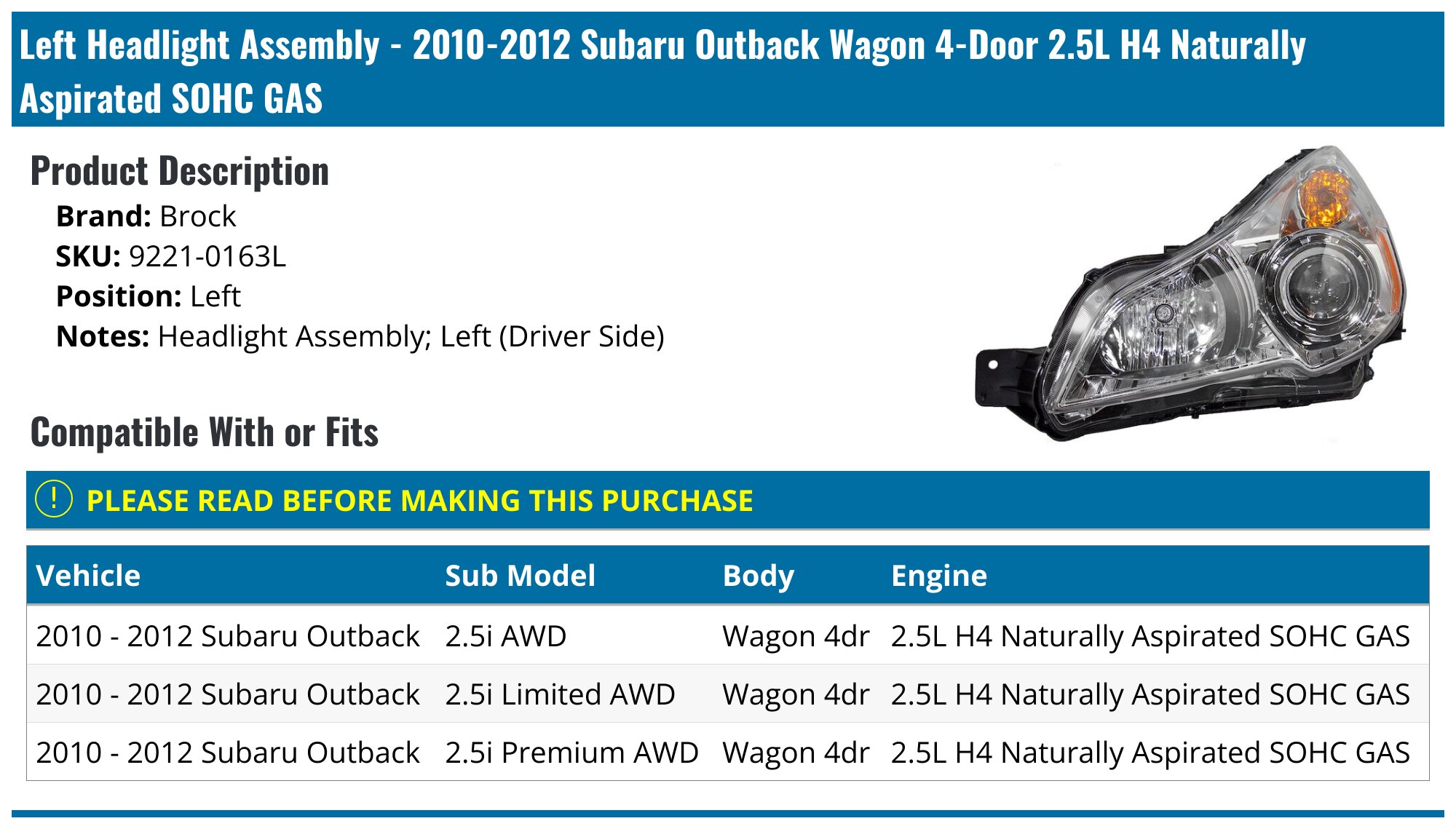2010-2012 Subaru Outback Headlight Assembly - Brock 9221-0163L - Left ...