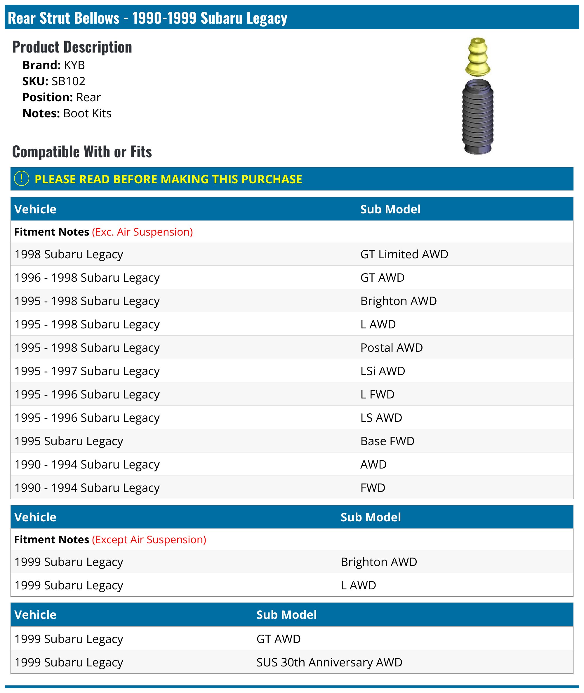 1990-1999 Subaru Legacy Strut Bellows - KYB SB102 - Rear - PartsGeek.com
