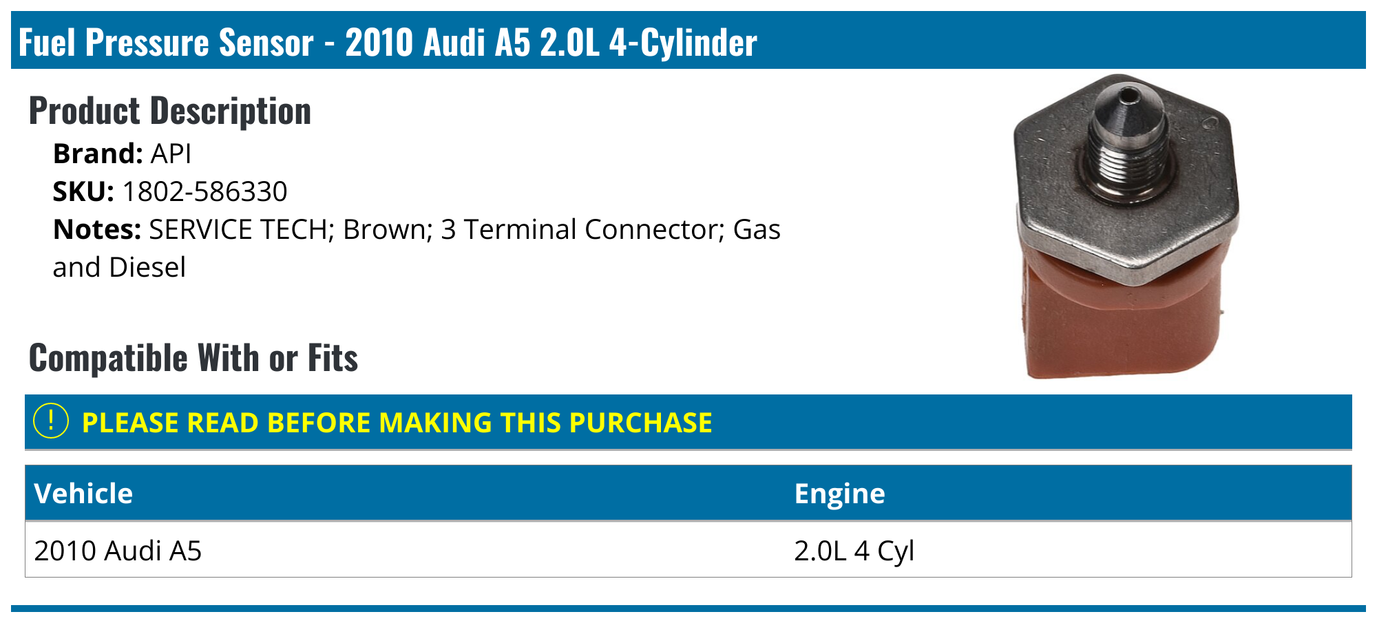 2010 Audi A5 Fuel Pressure Sensor - API 96707-07446653 - PartsGeek.com