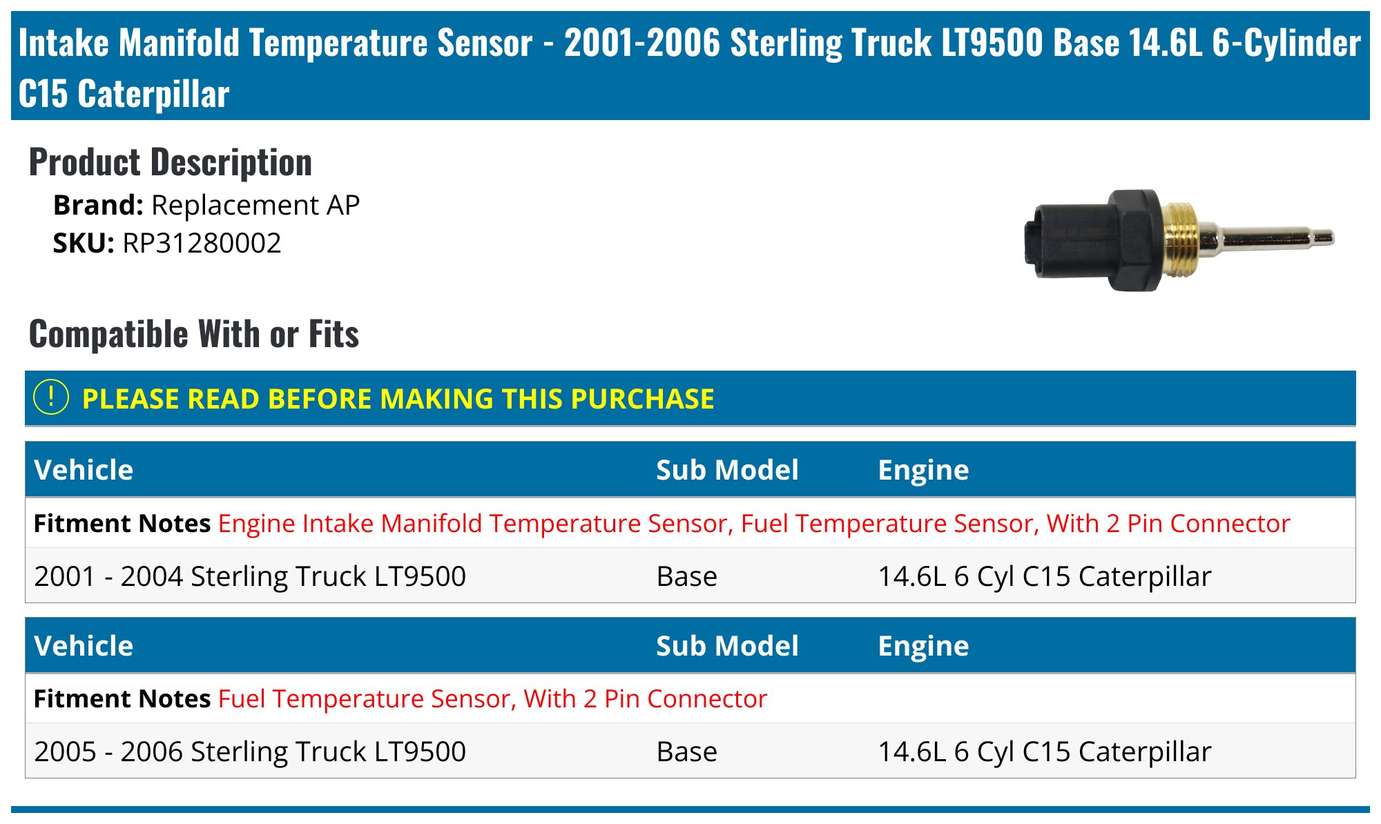 2001-2006 Sterling Truck LT9500 Intake Manifold Temperature Sensor ...