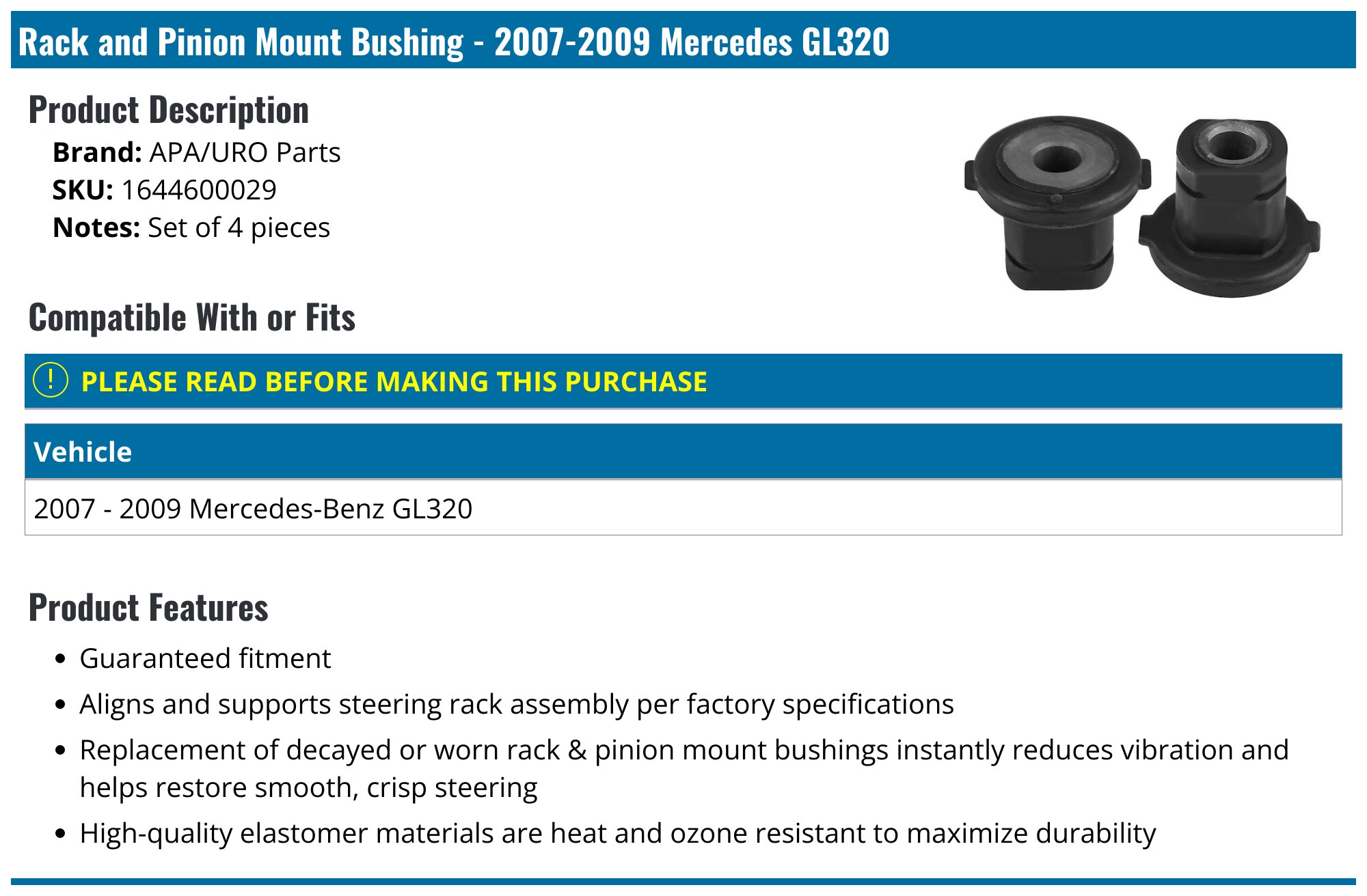 2007-2009 Mercedes GL320 Rack and Pinion Bushing - APA/URO Parts ...