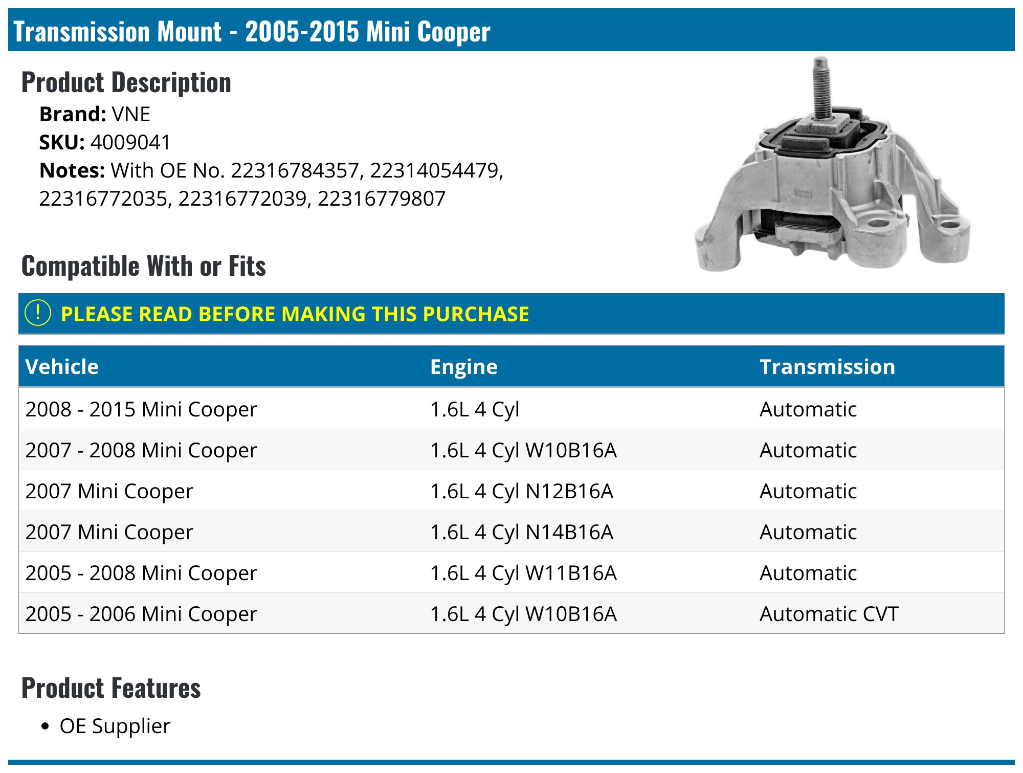 2005-2015 Mini Cooper Transmission Mount - VNE 4009041 - PartsGeek.com