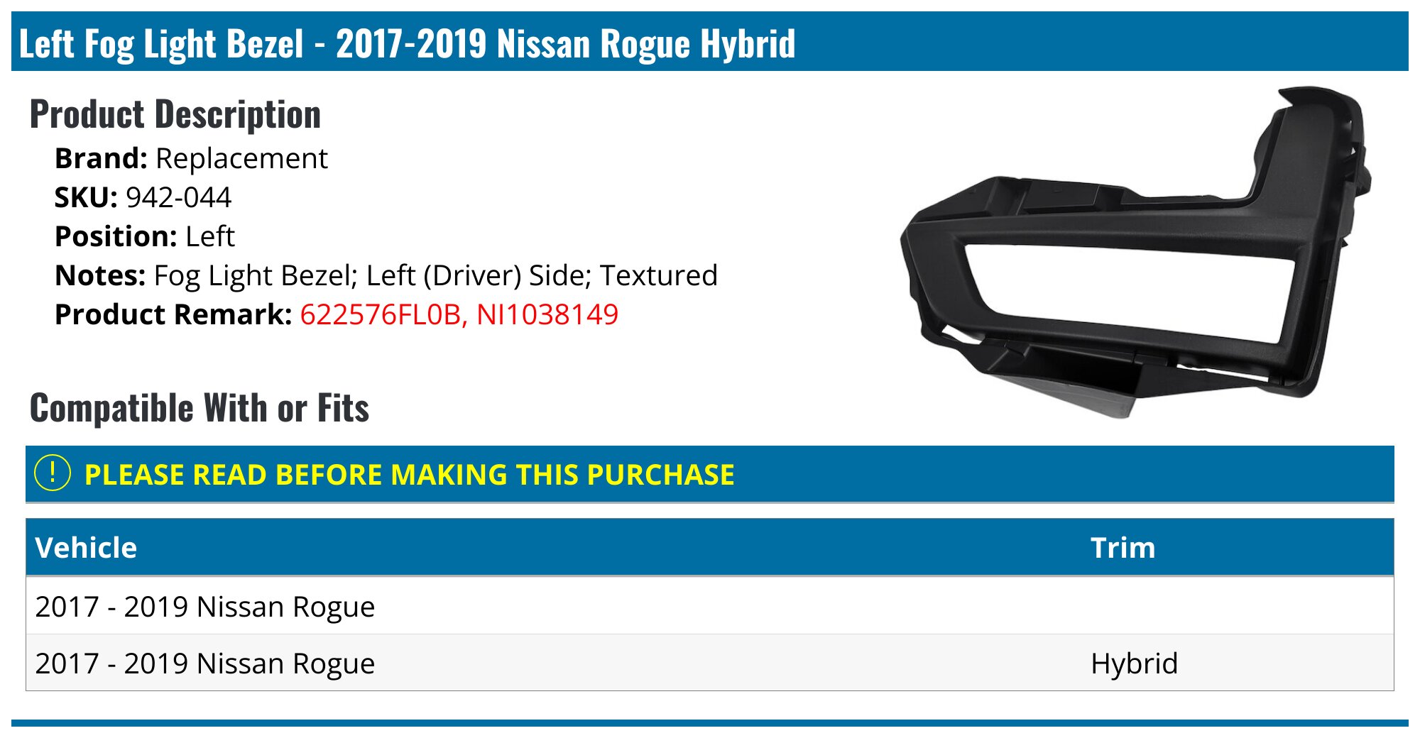 2017-2019 Nissan Rogue Fog Light Bezel - Replacement 942-044 - Left ...