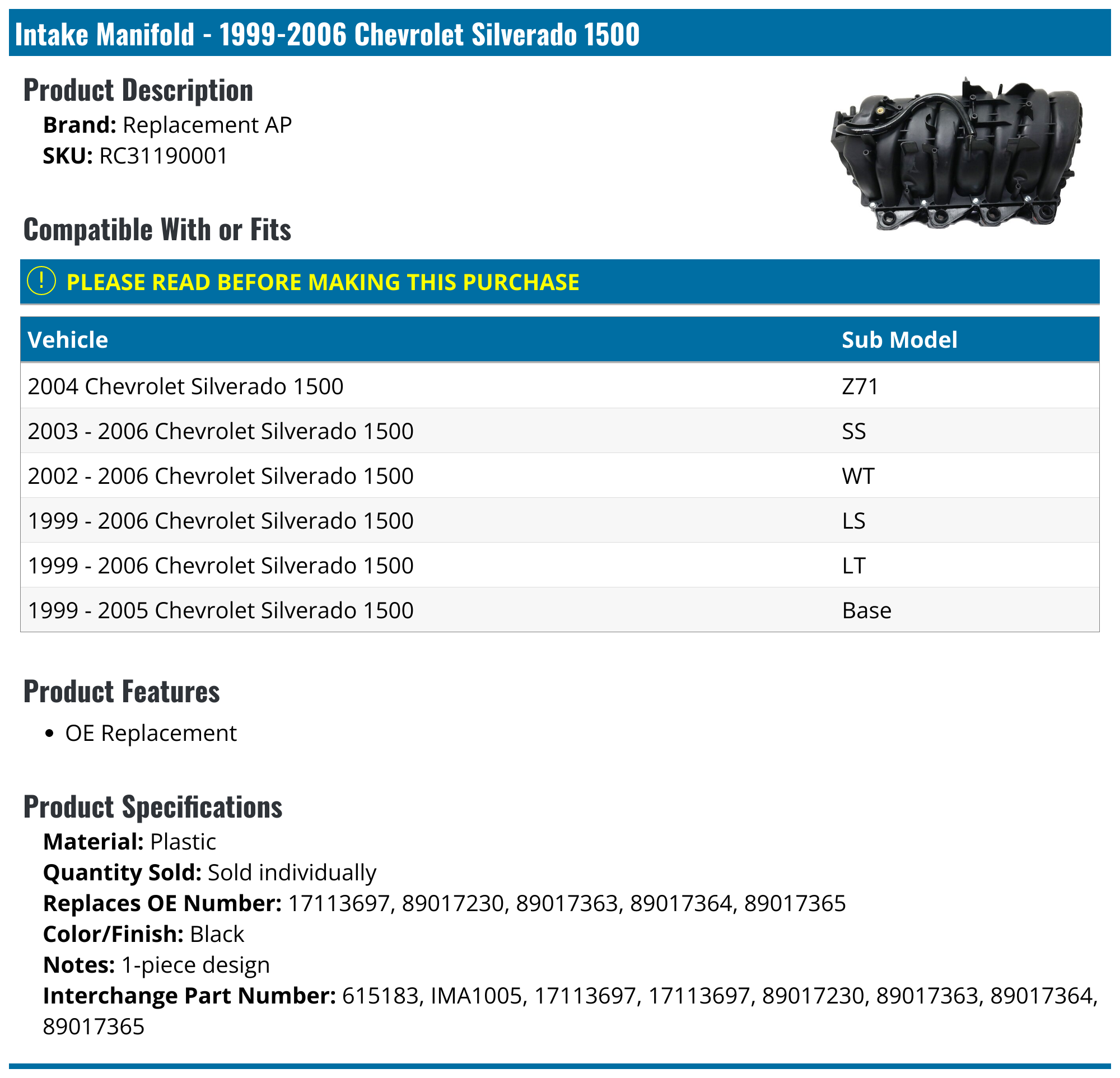 1999-2006 Chevrolet Silverado 1500 Intake Manifold - Replacement AP ...