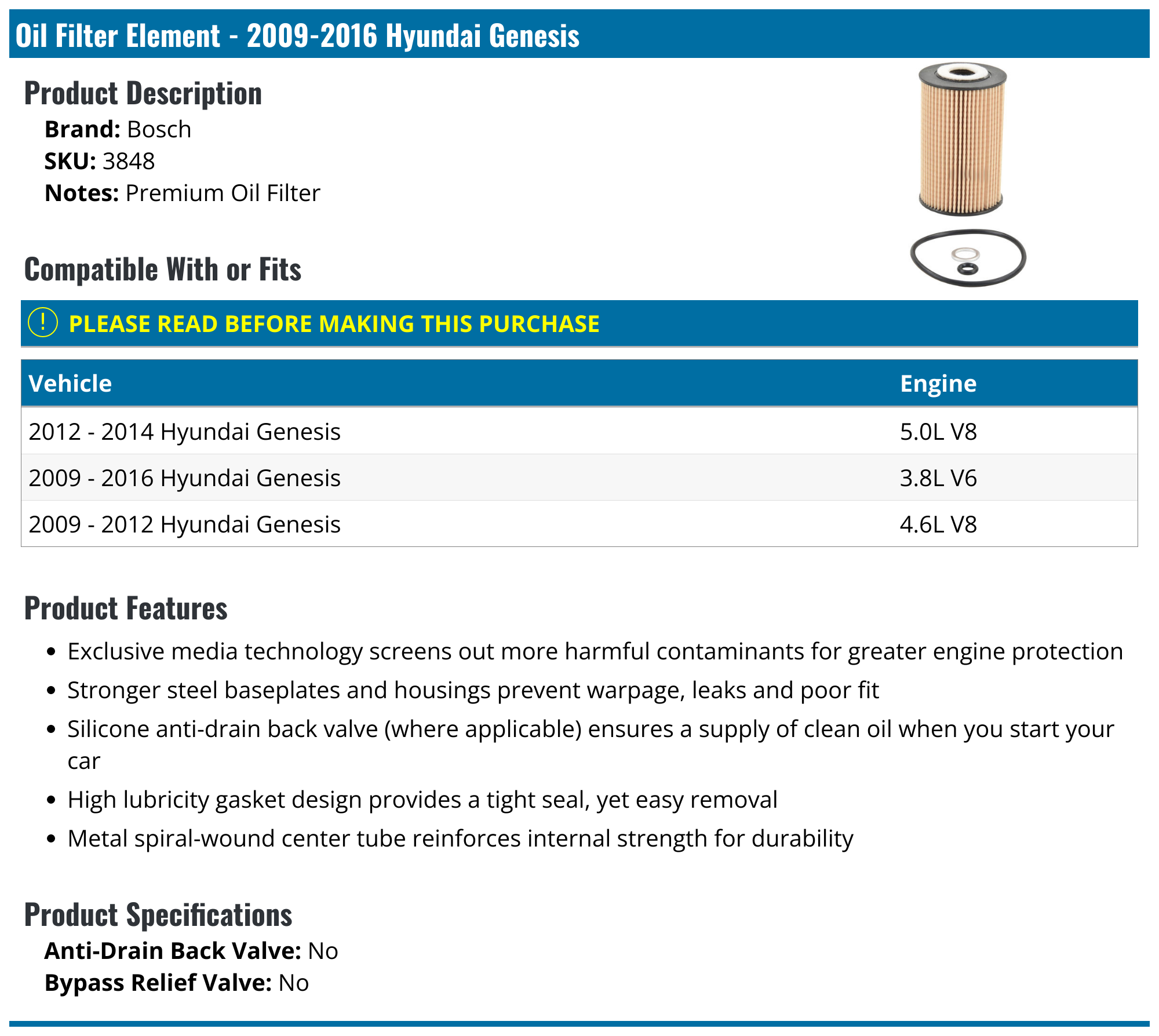 2009-2014 Hyundai Genesis Oil Filter Element - Bosch 3848 - PartsGeek.com