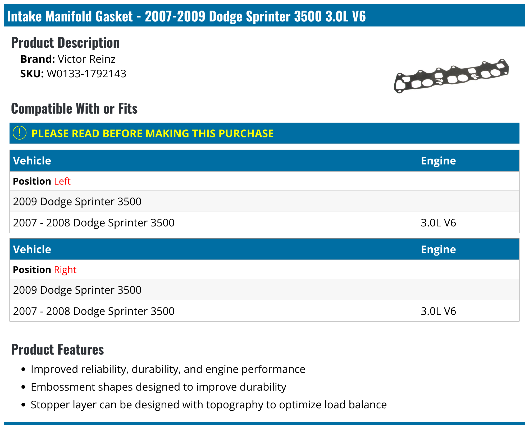 2007-2009 Dodge Sprinter 3500 Intake Manifold Gasket - Victor Reinz ...
