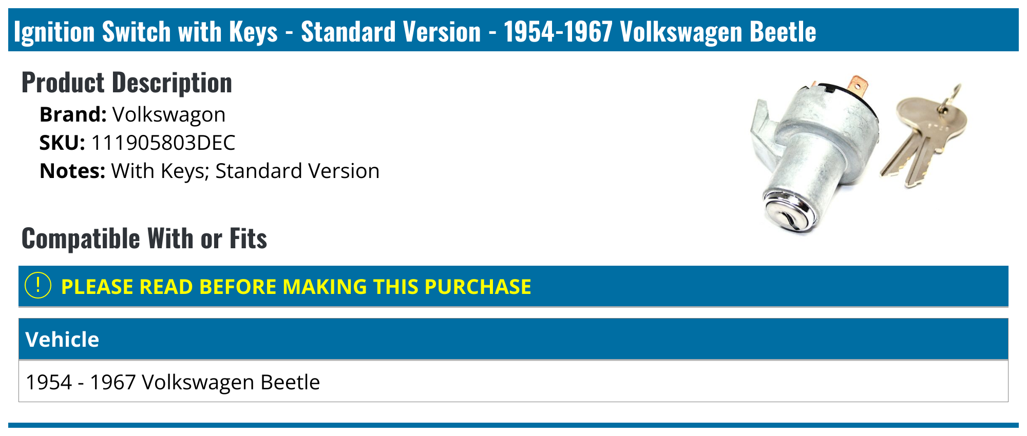 1954-1967 Volkswagen Beetle Ignition Switch - Volkswagon 111905803DEC ...