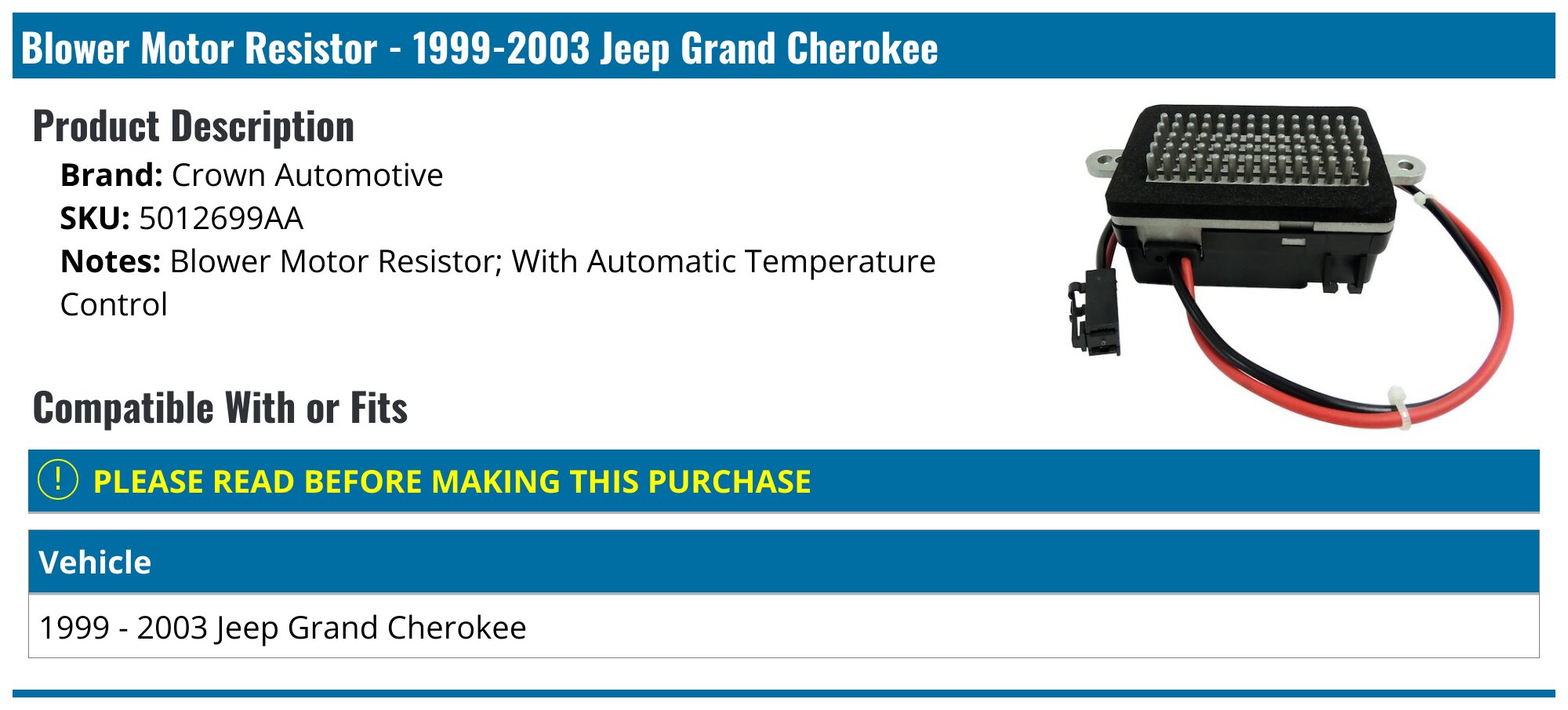 1999-2003 Jeep Grand Cherokee Blower Motor Resistor - Crown Automotive ...