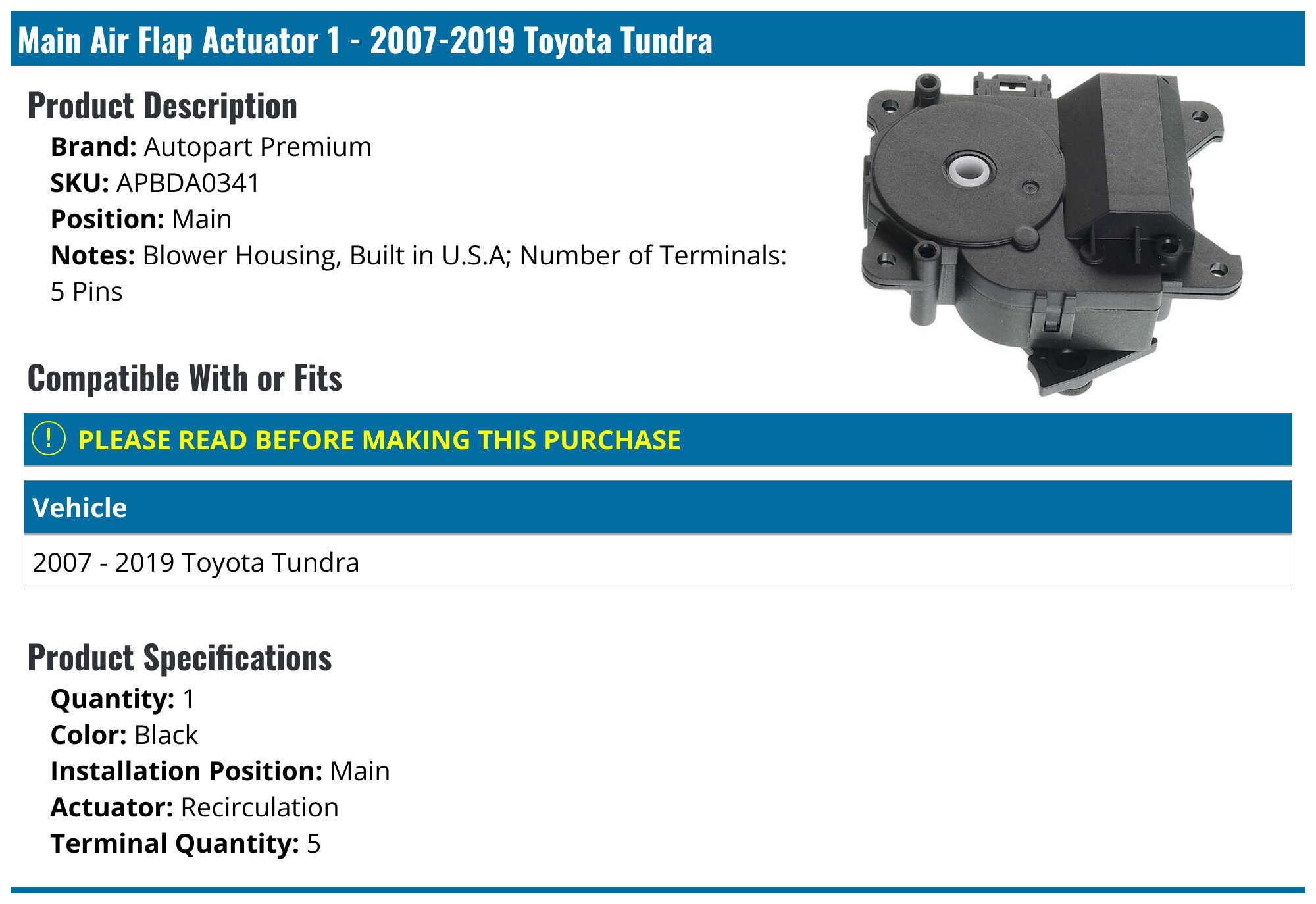 2007-2019 Toyota Tundra Air Flap Actuator - Autopart Premium APBDA0341 ...