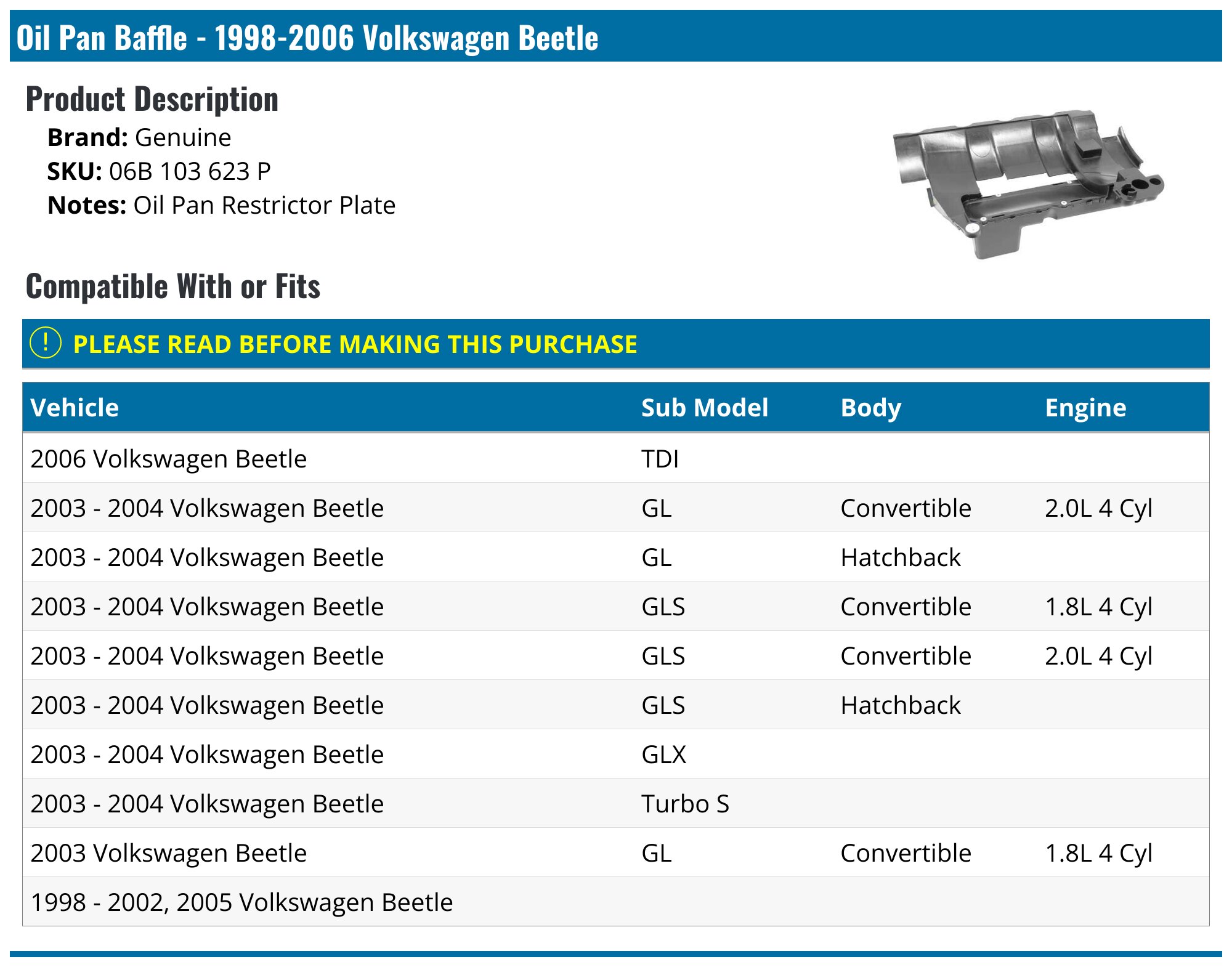 1998-2006 Volkswagen Beetle Oil Pan Baffle - Genuine 06B 103 623 P ...