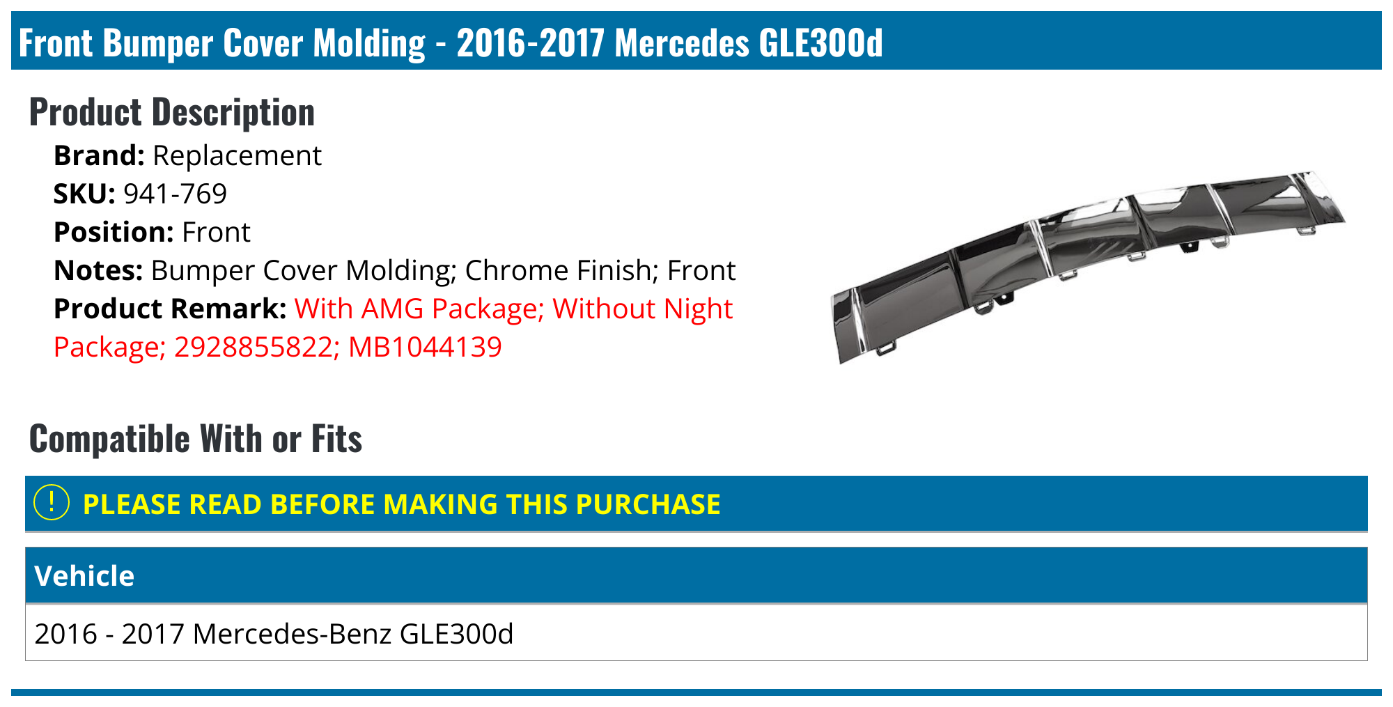 2016-2017 Mercedes GLE300d Bumper Cover Molding - Replacement 941-769 ...