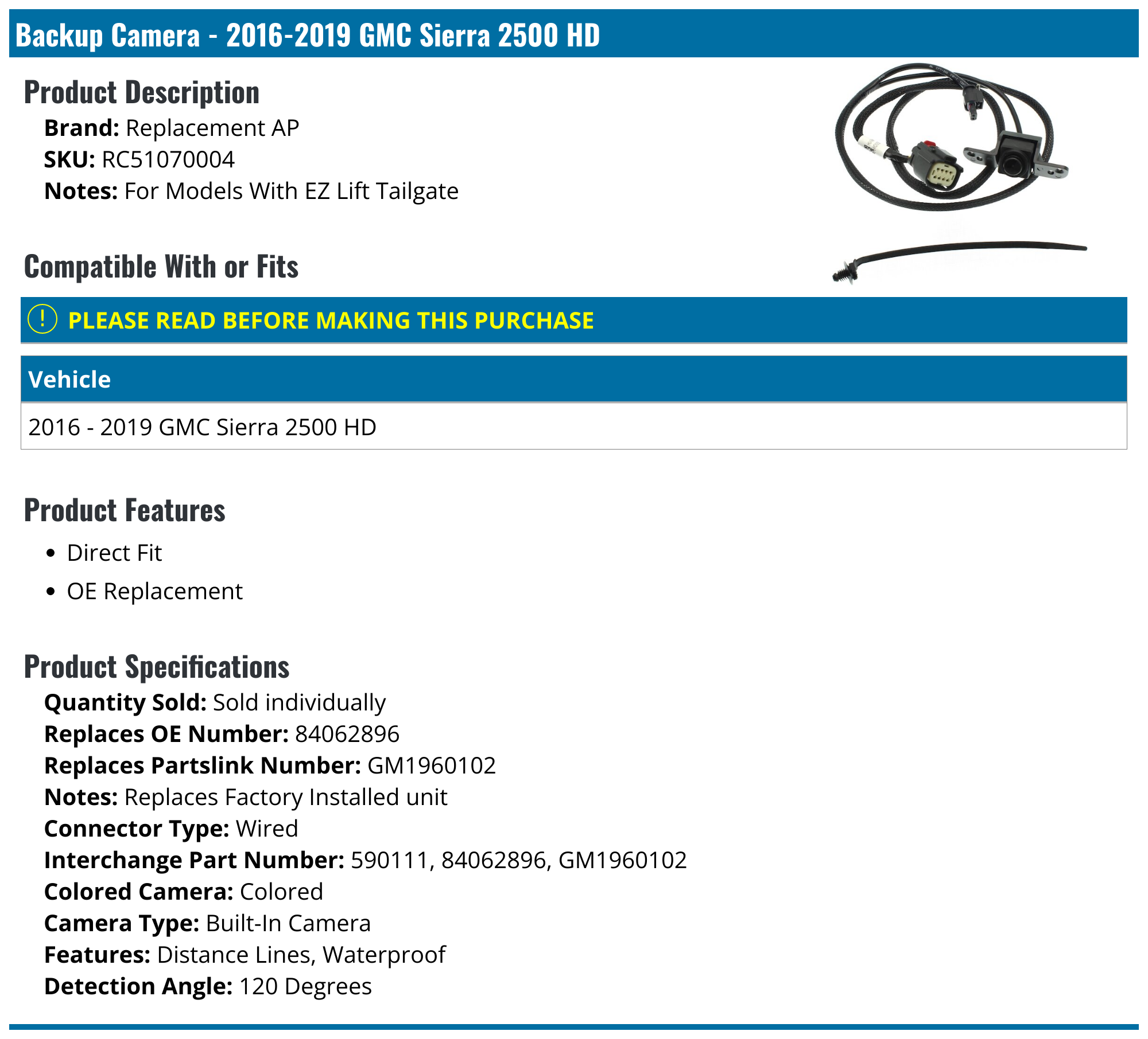 2016-2019 GMC Sierra 2500 HD Backup Camera - Replacement AP RC51070004 ...