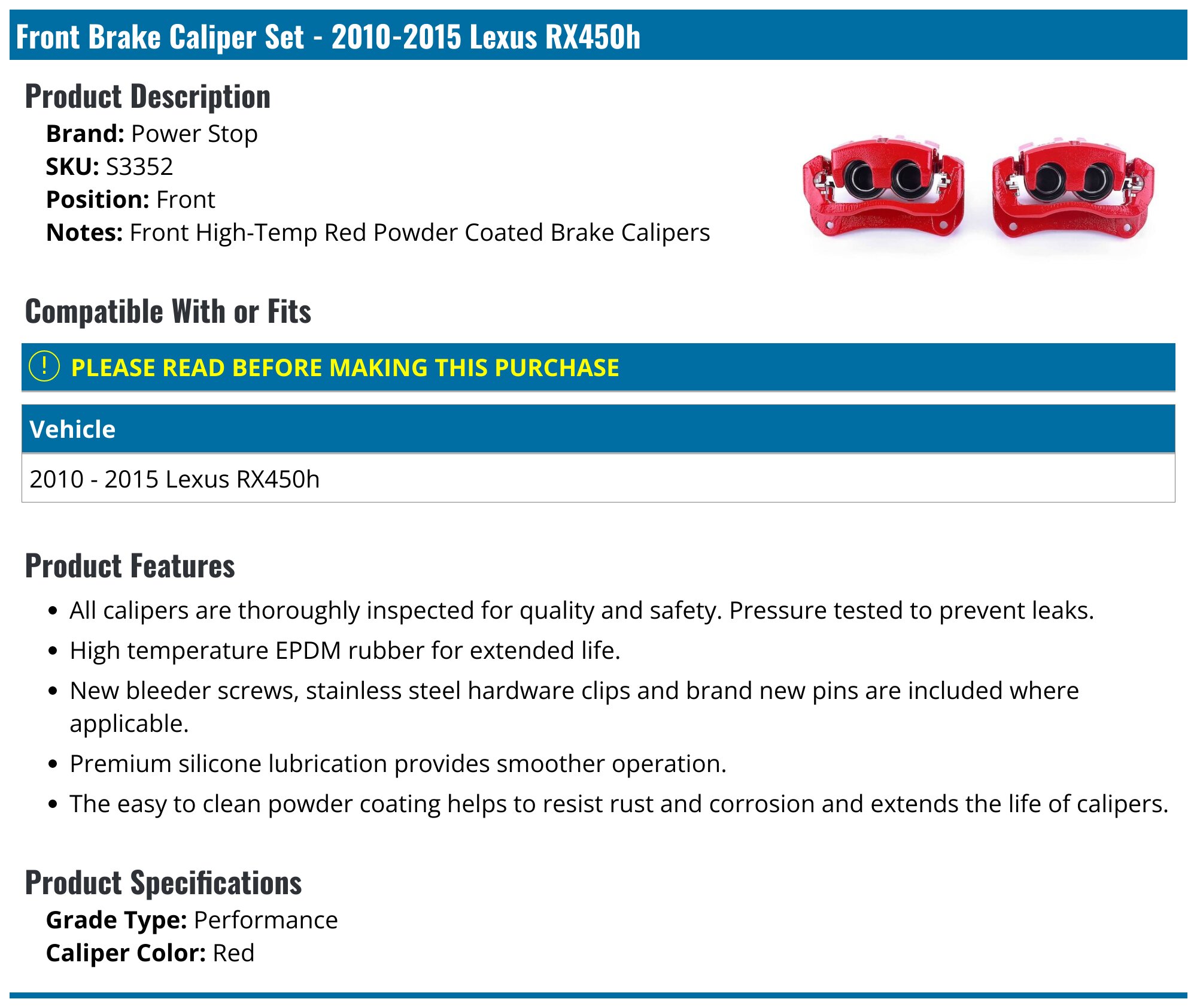 2010-2015 Lexus RX450h Brake Caliper - Power Stop S3352 - Front ...