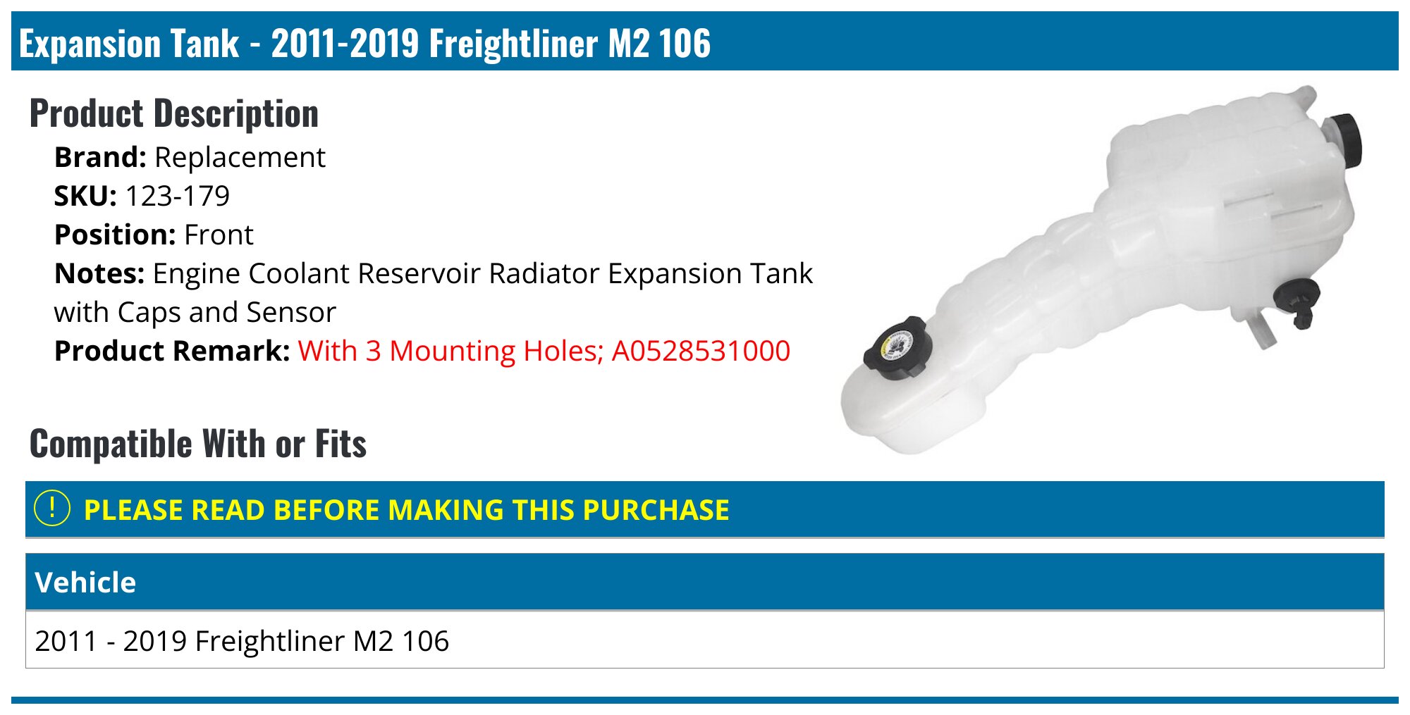 2011-2019 Freightliner M2 106 Expansion Tank - Replacement 123-179 ...