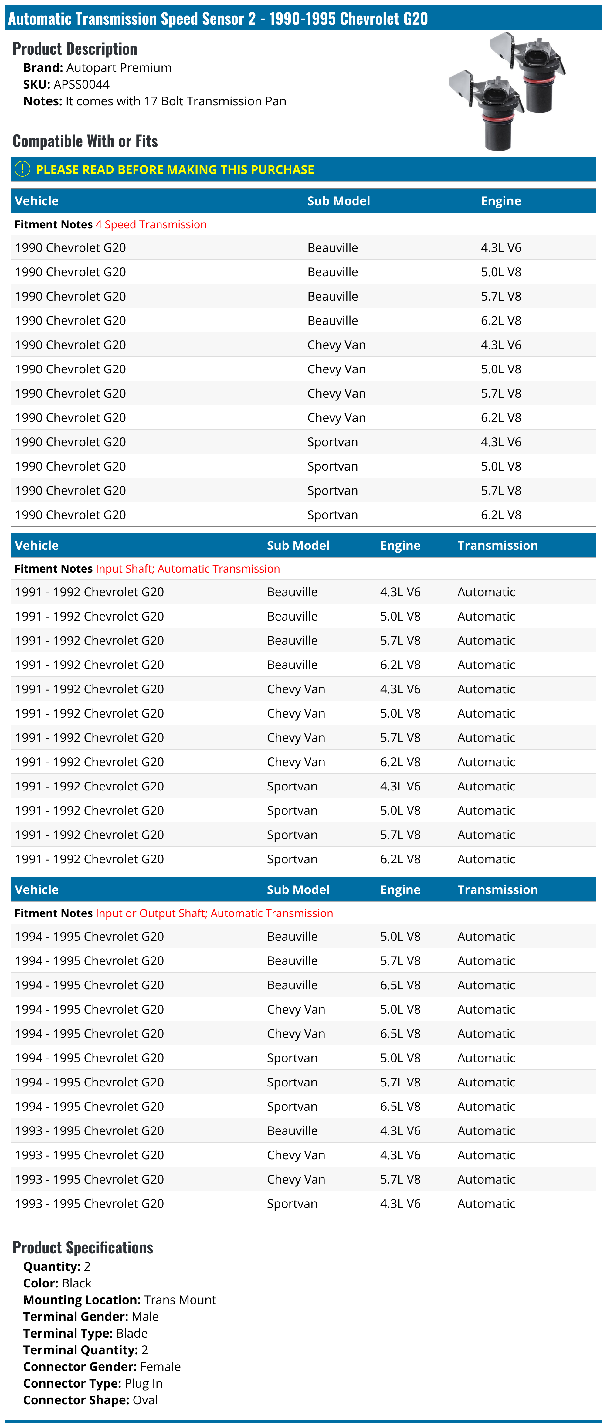 1990-1995 Chevrolet G20 Automatic Transmission Speed Sensor - Autopart ...