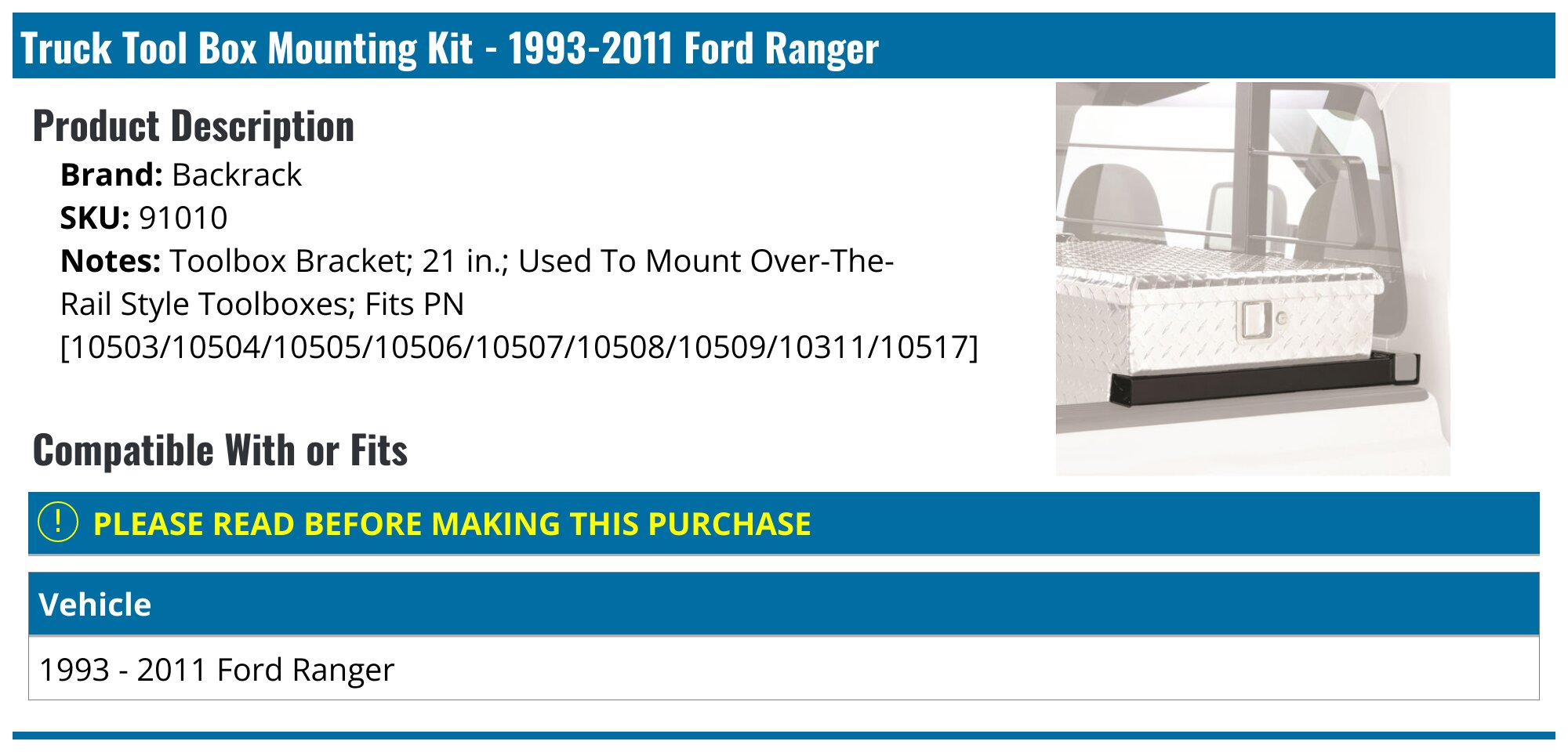 1993-2011 Ford Ranger Truck Tool Box Mounting Kit - Backrack 91010 ...