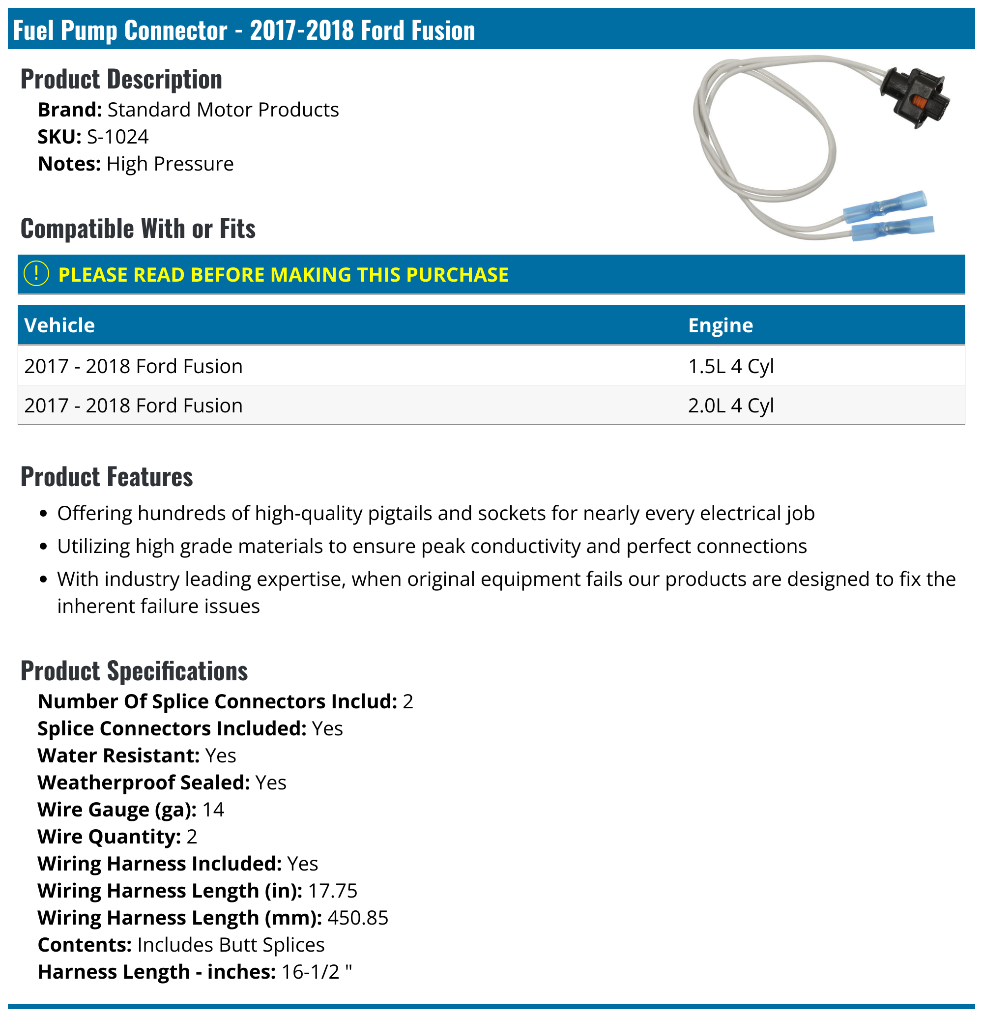 2017-2018 Ford Fusion Fuel Pump Connector - Standard Motor Products S ...