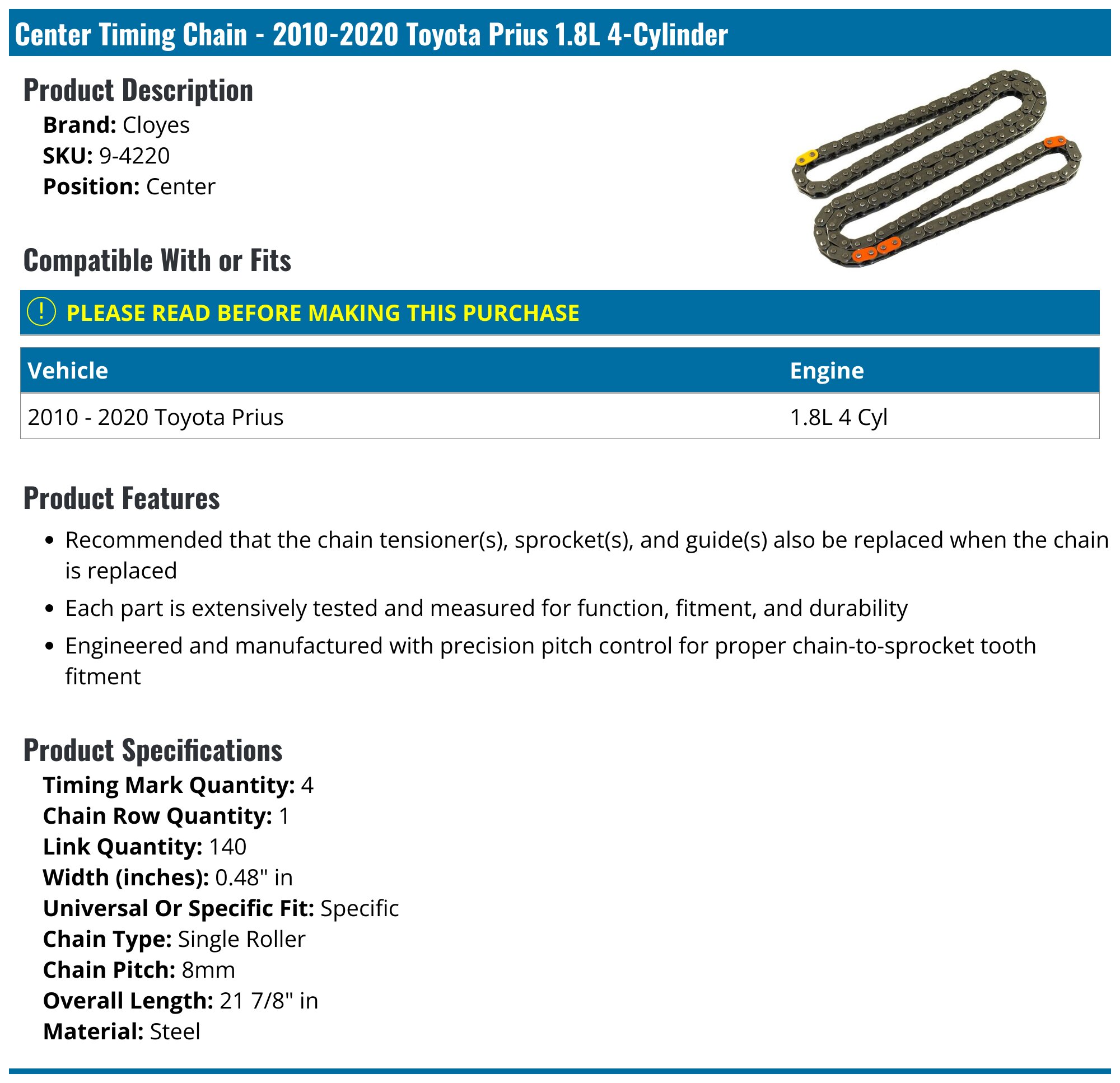 2010-2020, 2022 Toyota Prius Timing Chain - Cloyes 9-4220 - Center ...