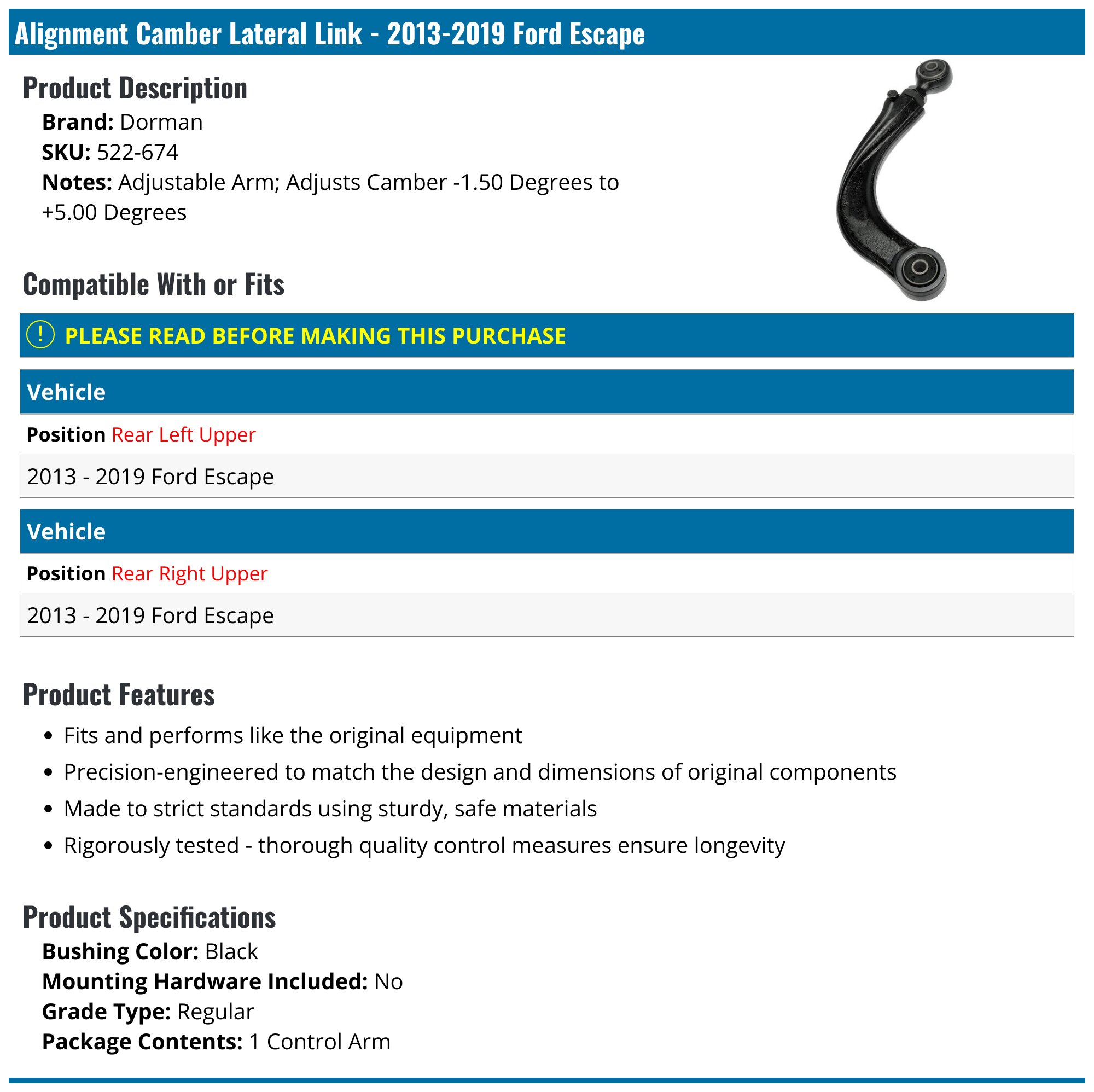 2013-2019 Ford Escape Alignment Camber Lateral Link - Dorman 522-674 ...