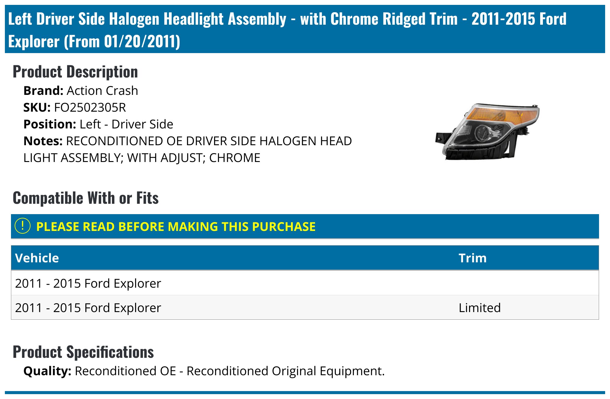 2011-2012 Ford Explorer Headlight Assembly - Action Crash FO2502305R ...