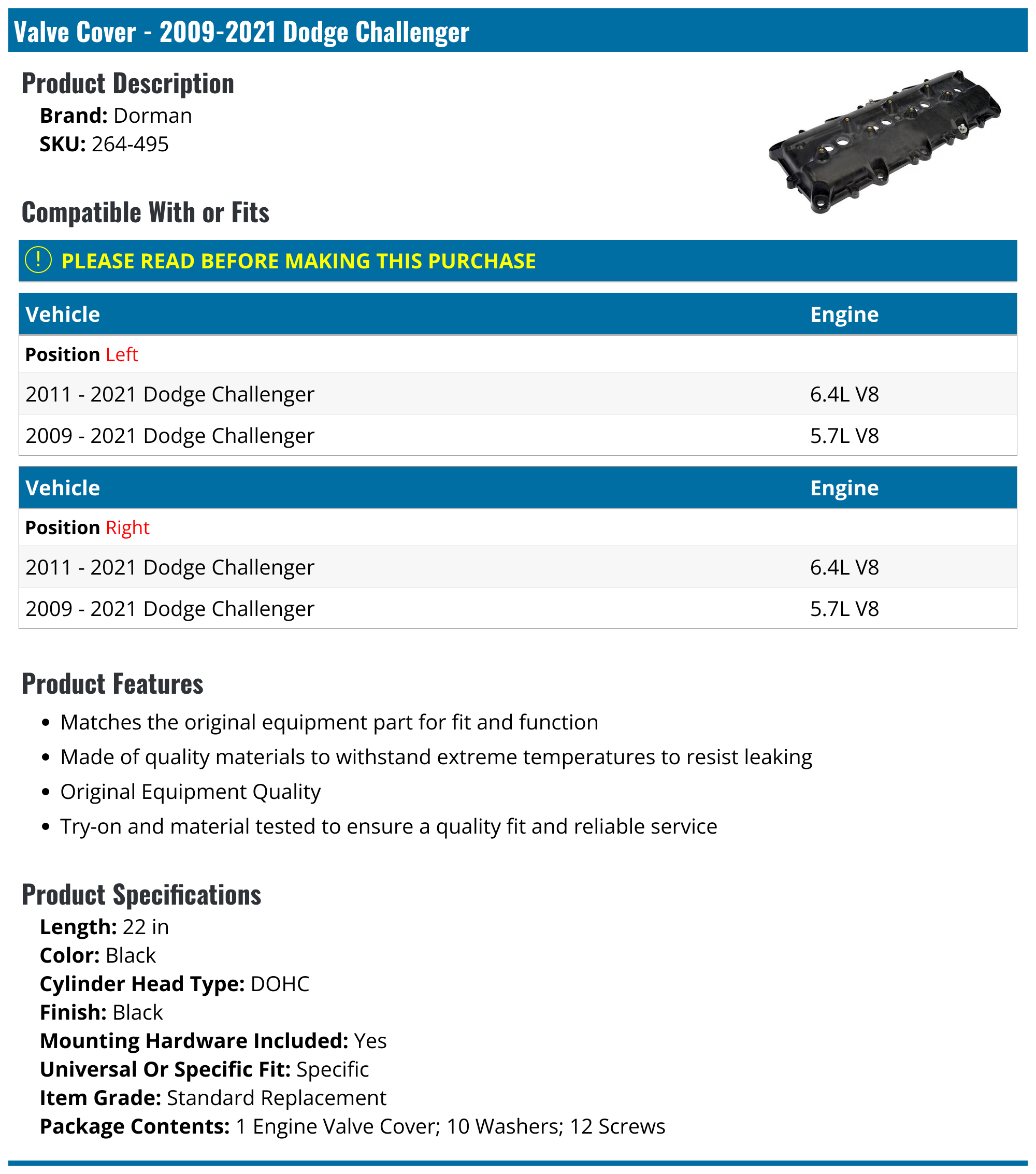 2009-2023 Dodge Challenger Valve Cover - Dorman 264-495 - Right ...