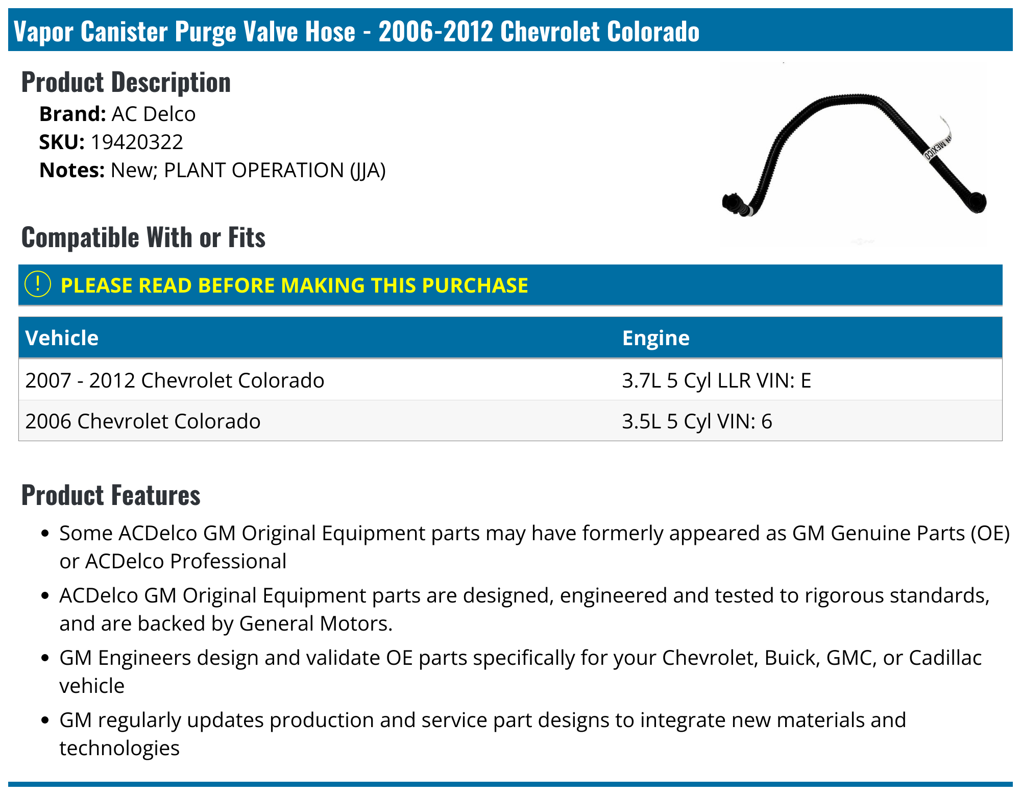 2006-2012 Chevrolet Colorado Vapor Canister Purge Valve Hose - AC Delco ...