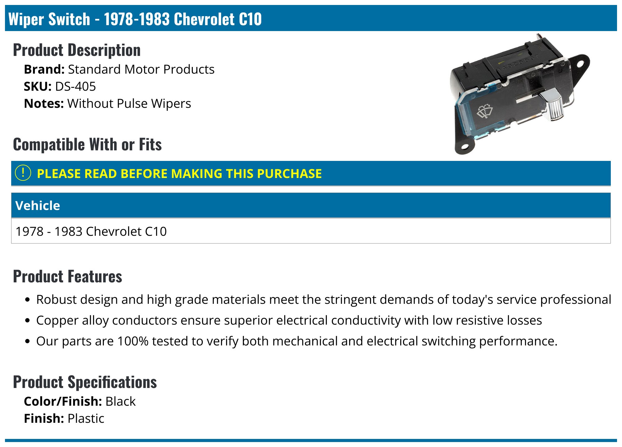 1978-1983 Chevrolet C10 Wiper Switch - Standard Motor Products DS-405 ...