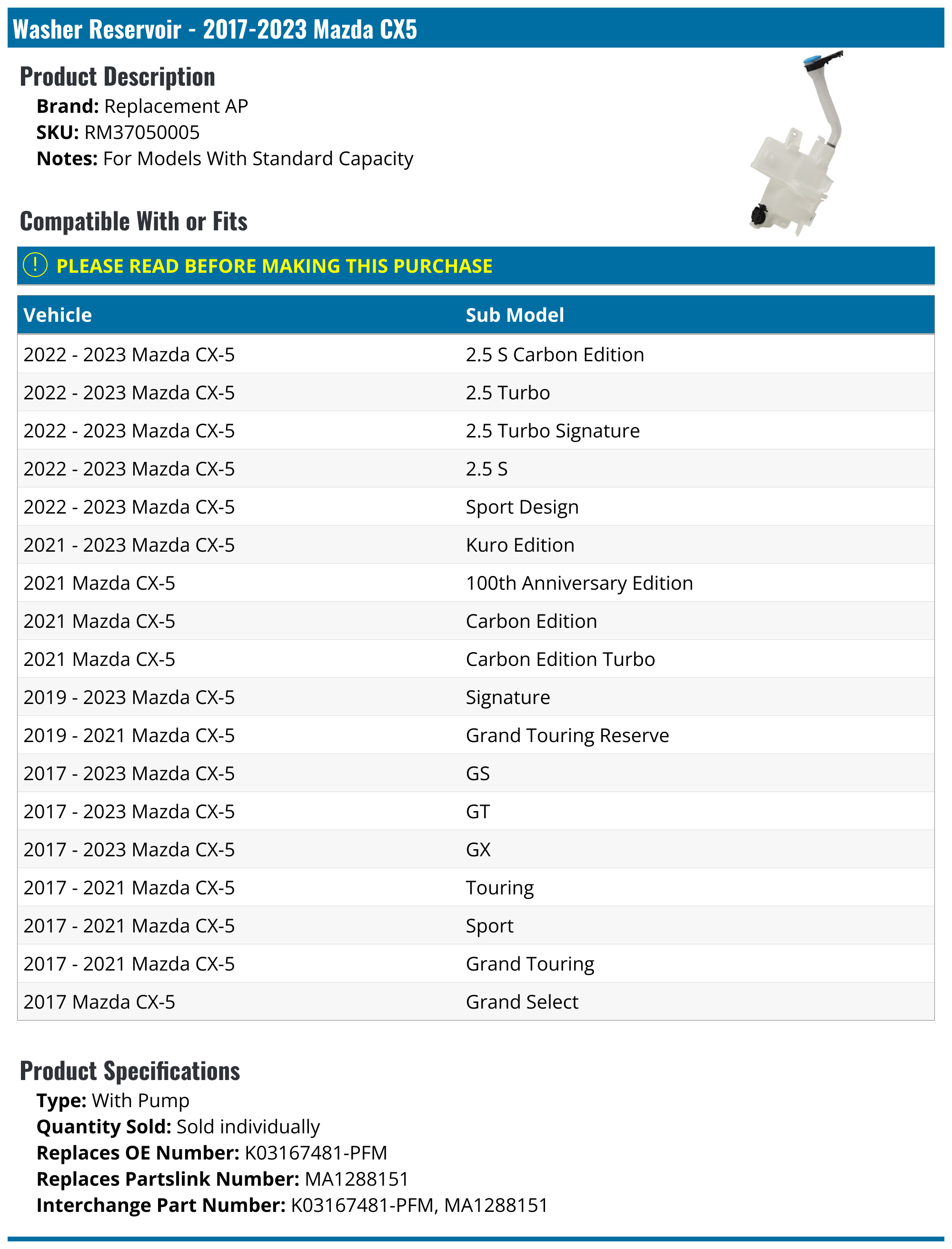 2017-2023 Mazda CX5 Windshield Washer Tank - Replacement AP RM37050005 ...