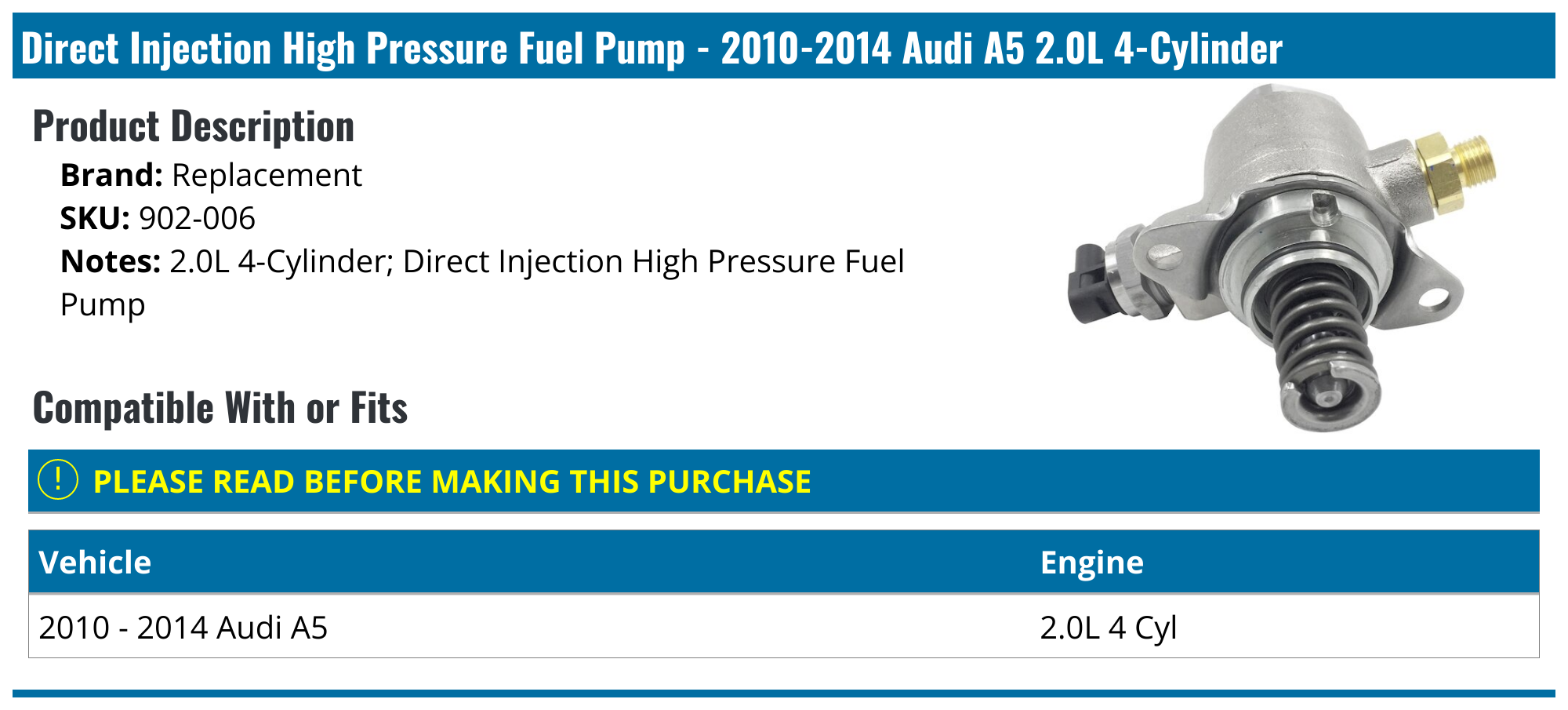 2010-2014 Audi A5 Fuel Pump - Replacement 902-006 - - PartsGeek.com