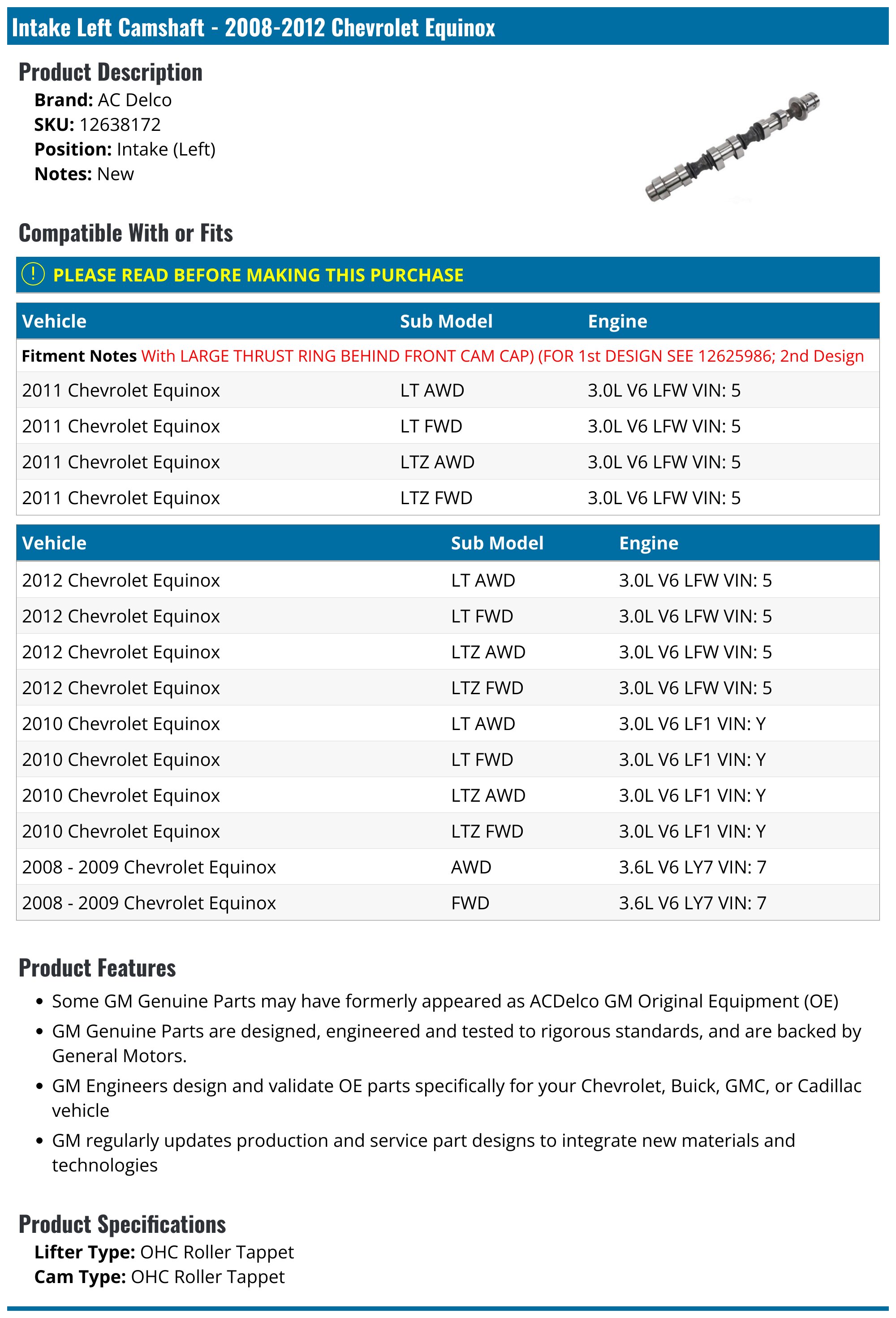 2011-2012 Chevrolet Equinox Camshaft - AC Delco 12638172 - Intake (Left ...