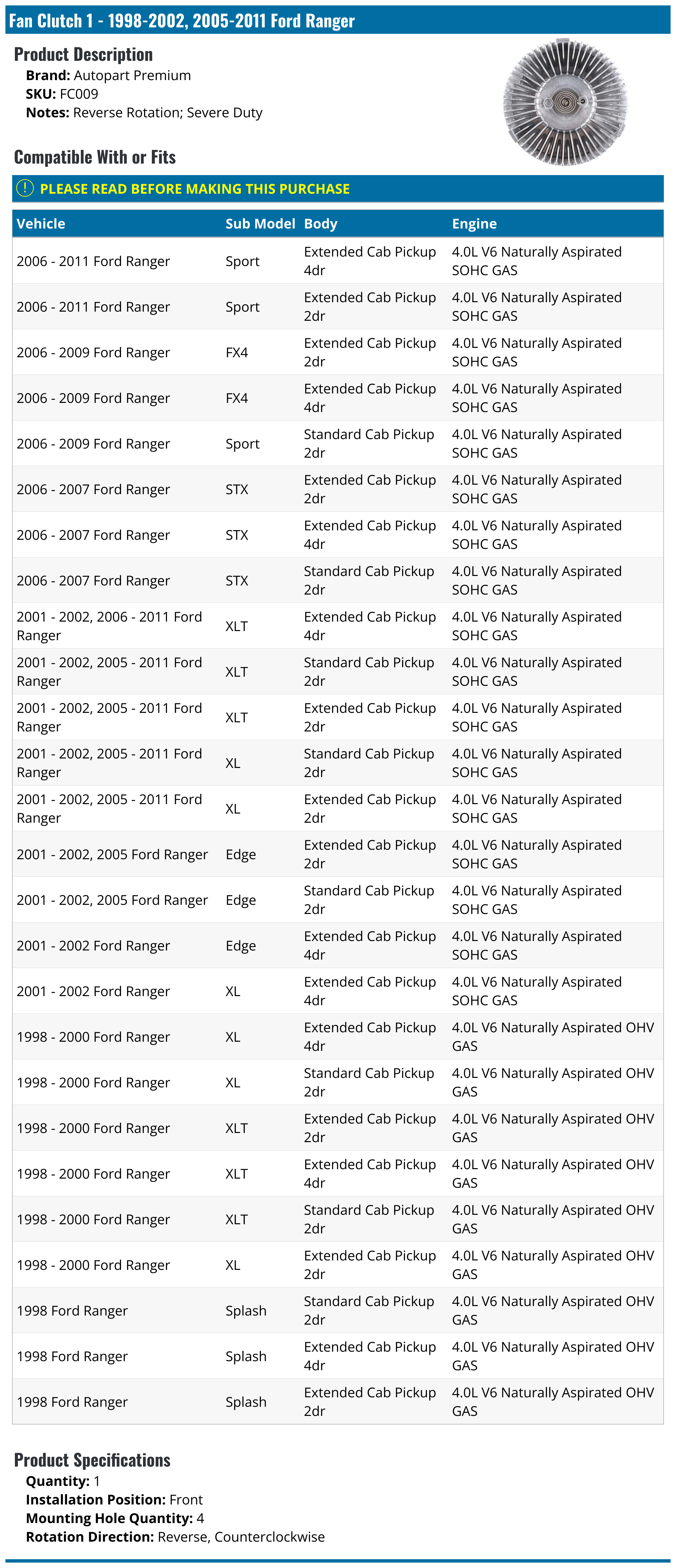 1998-2002, 2005-2011 Ford Ranger Fan Clutch - Autopart Premium FC009 ...