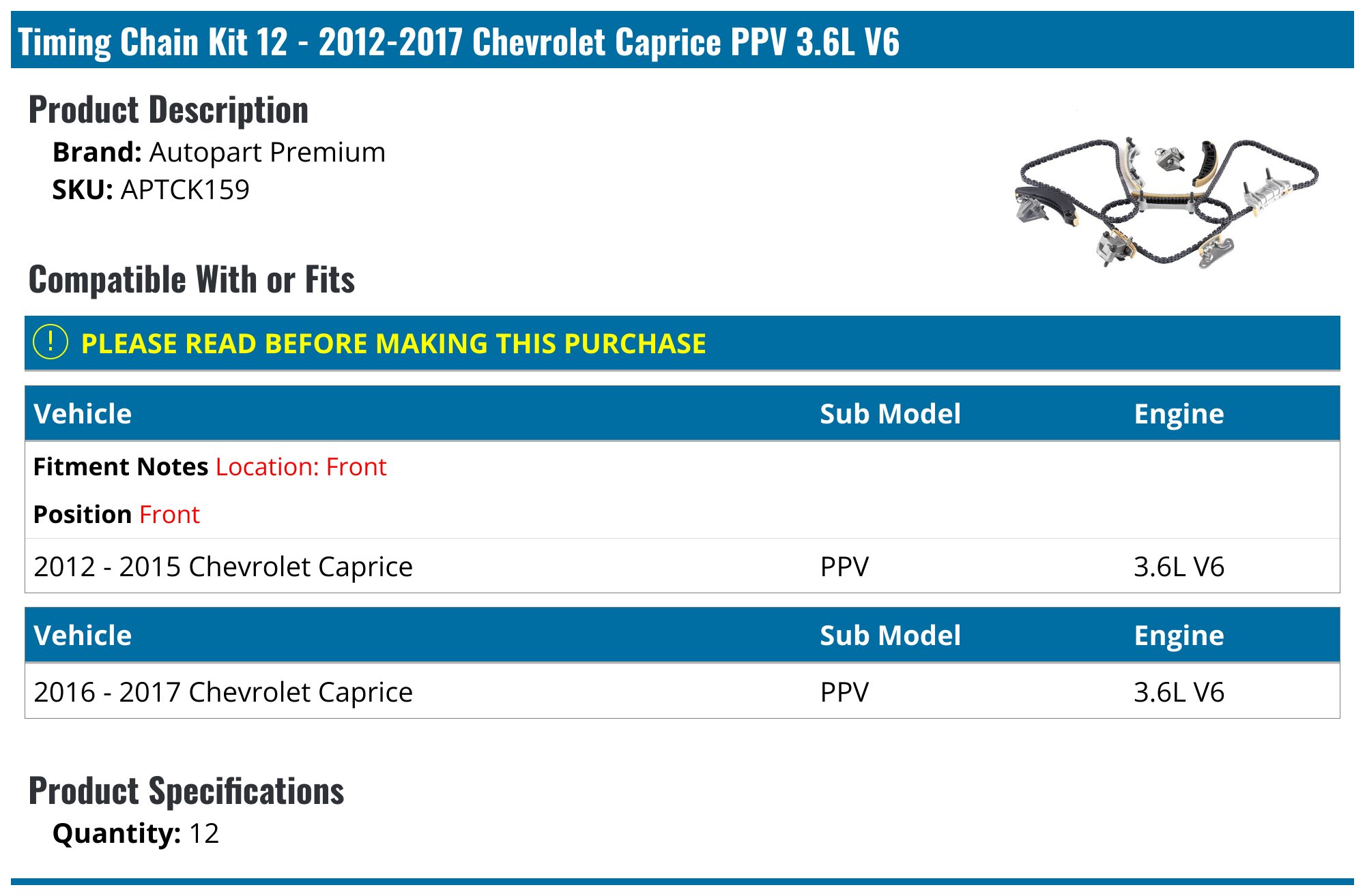 2012-2017 Chevrolet Caprice Timing Chain - Autopart Premium APTCK159 ...