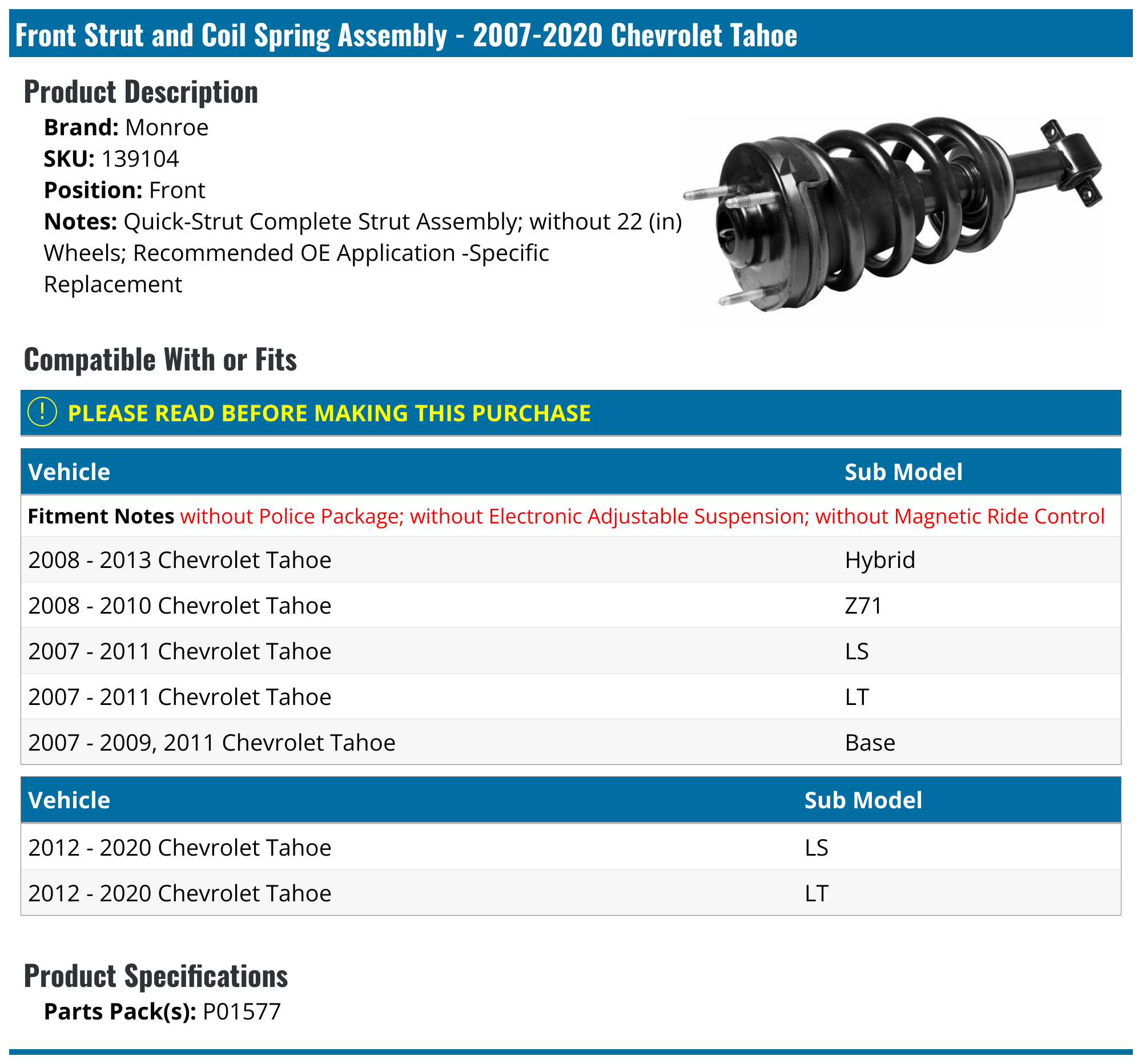 2007-2020 Chevrolet Tahoe Strut Assembly - Monroe 139104 - Front ...