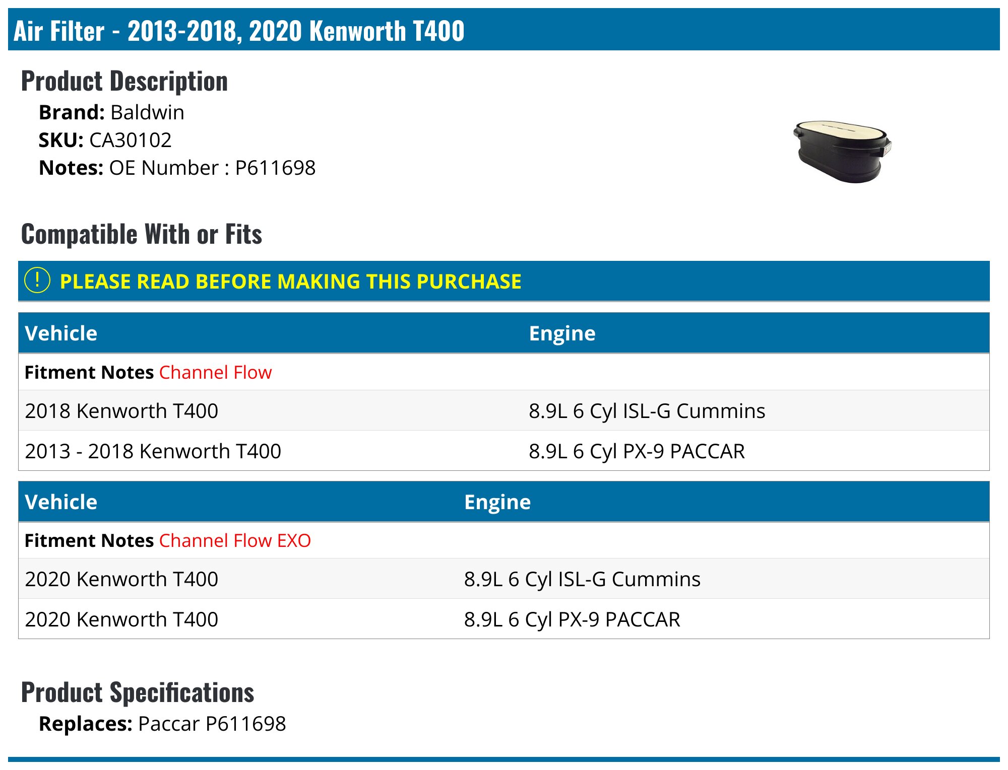 2013-2023 Kenworth T400 Air Filter - Baldwin CA30102 - PartsGeek.com