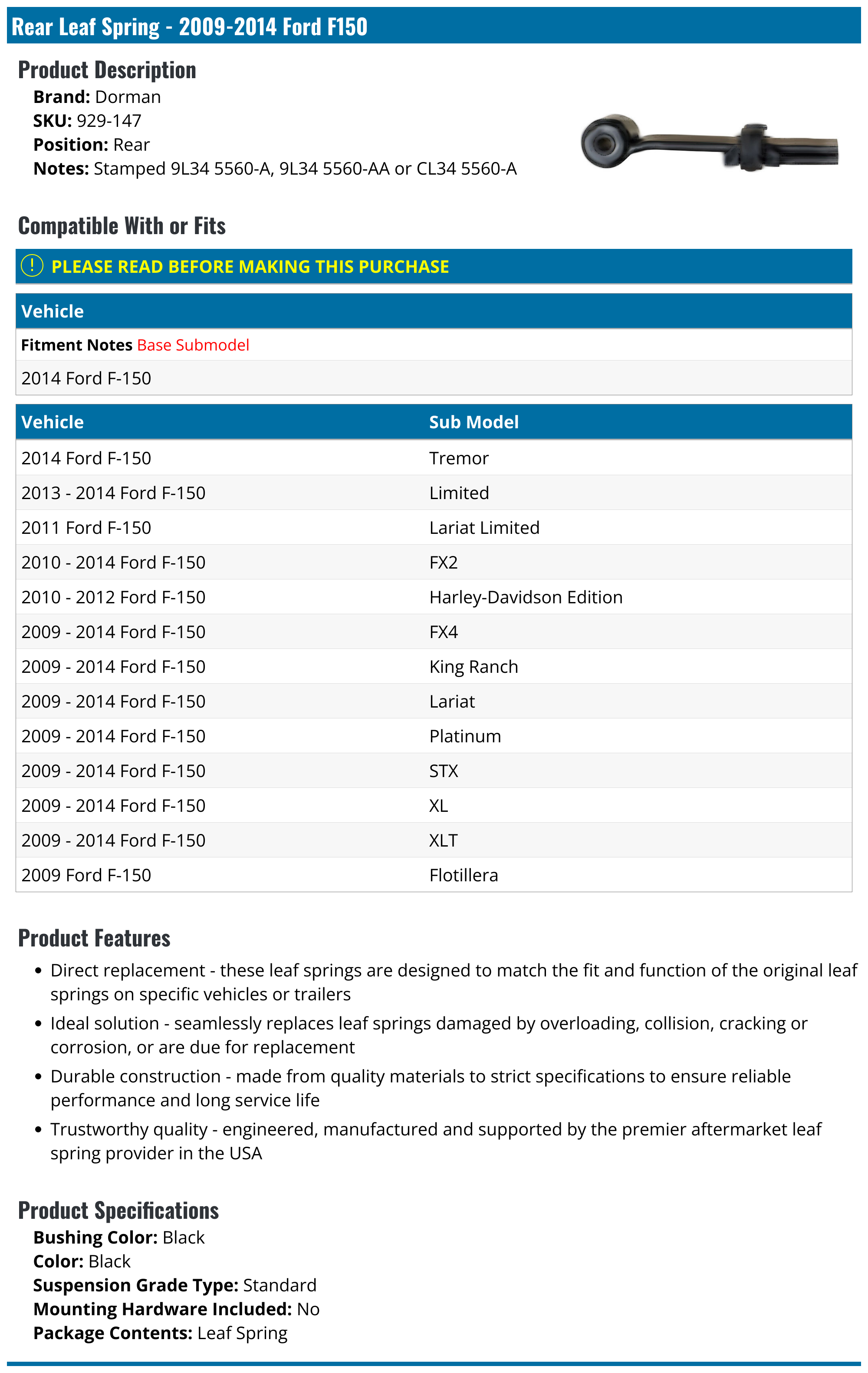2009-2014 Ford F150 Leaf Spring - Dorman 929-147 - Rear - PartsGeek.com