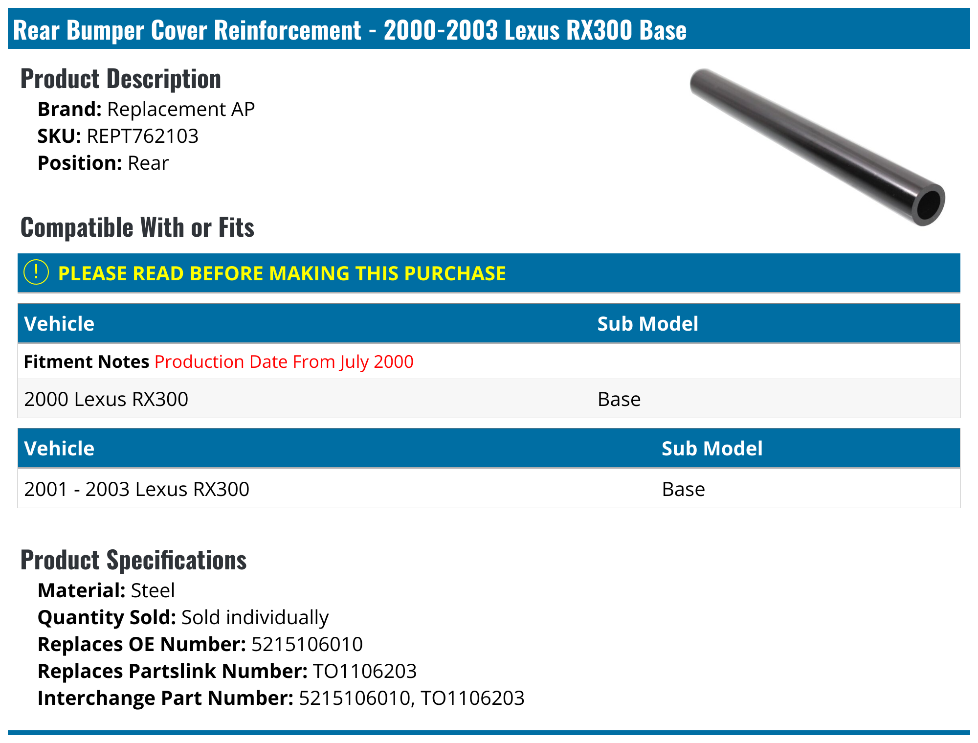 2000-2003 Lexus RX300 Bumper Reinforcement - Replacement AP REPT762103 ...