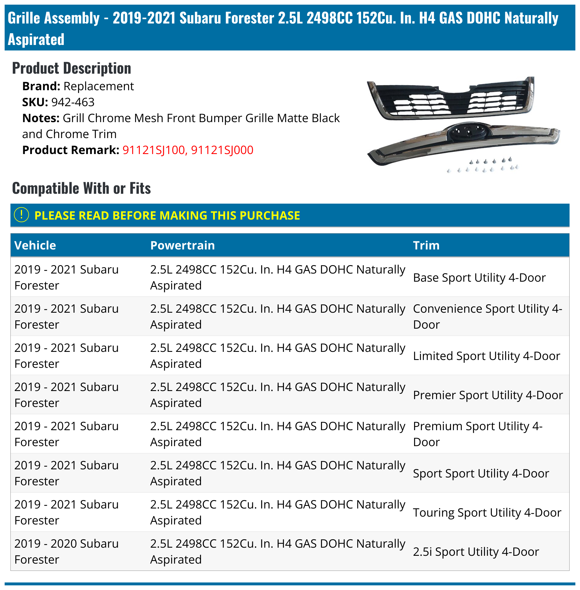 2019-2021 Subaru Forester Grille Assembly - Replacement 942-463 ...