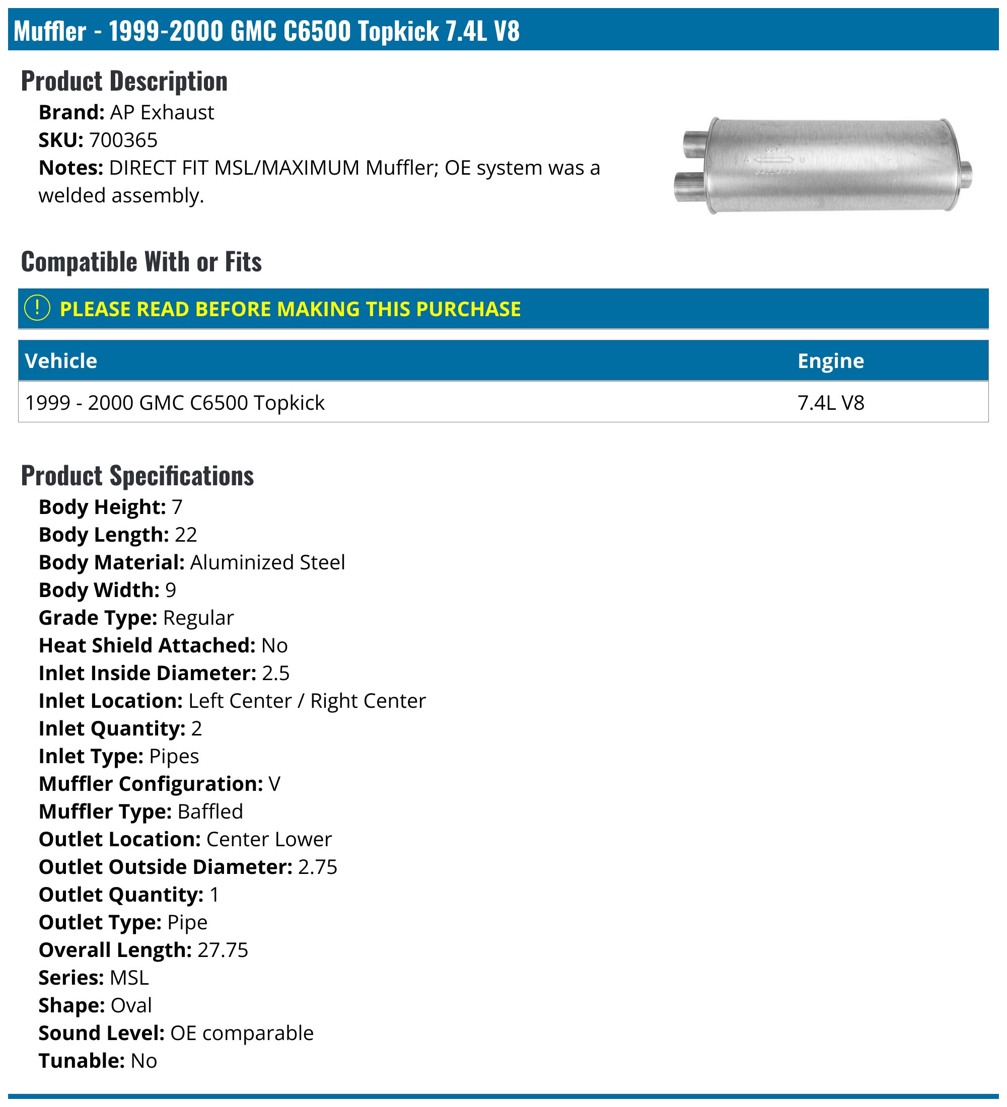 1999-2000 GMC C6500 Topkick Muffler - AP Exhaust 700365 - PartsGeek.com