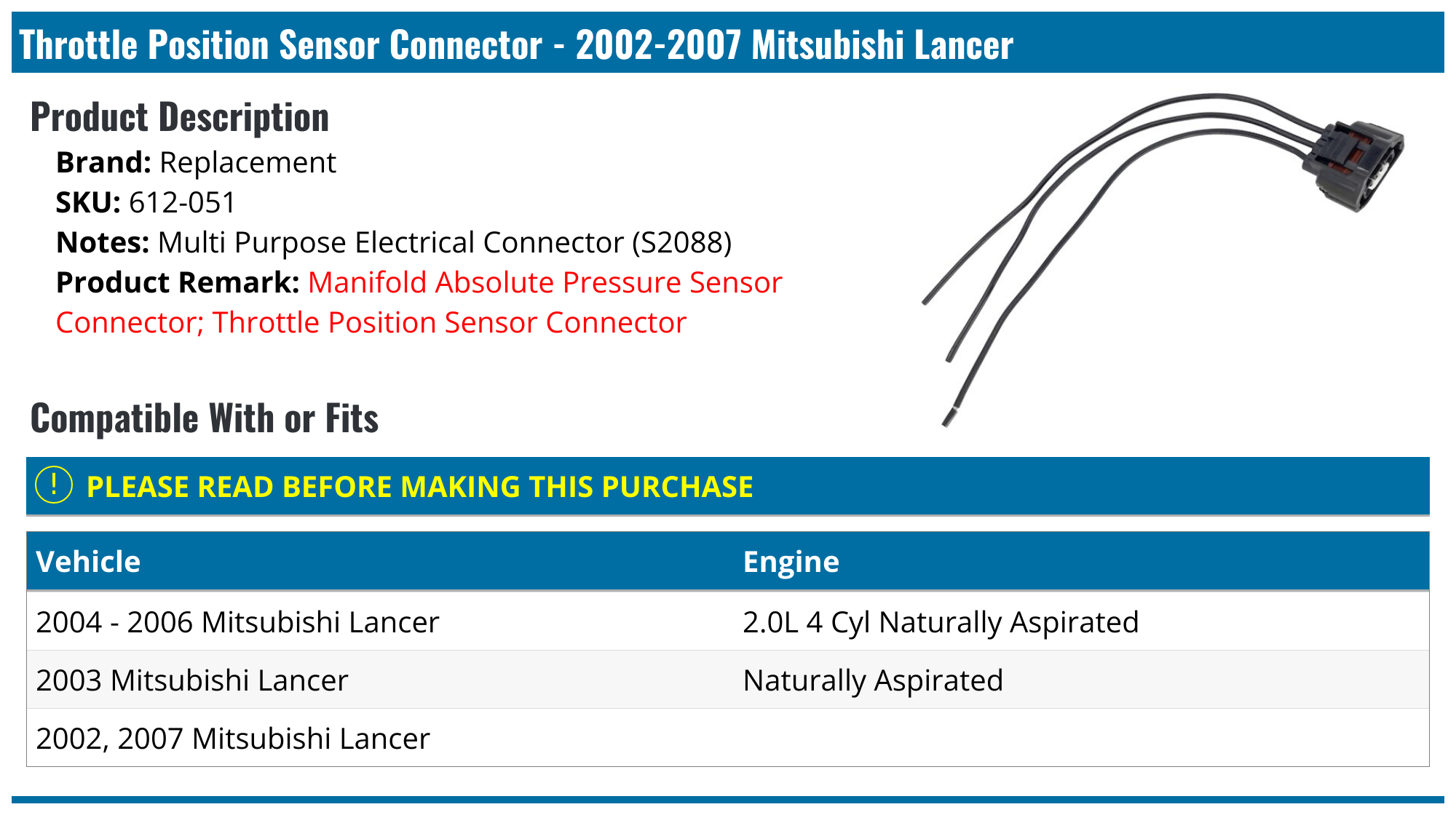2002-2007 Mitsubishi Lancer Throttle Position Sensor Connector ...