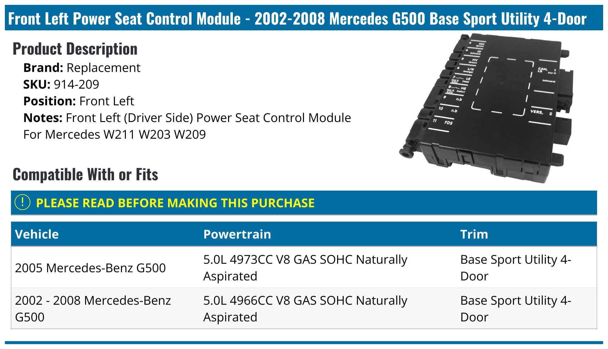 2002-2008 Mercedes G500 Power Seat Control Module - Replacement 914-209 ...