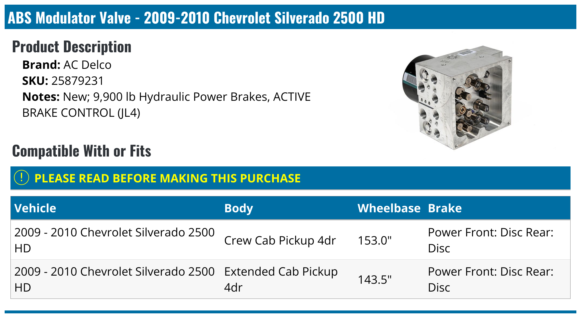 2009-2010 Chevrolet Silverado 2500 HD ABS Modulator Valve - AC Delco ...