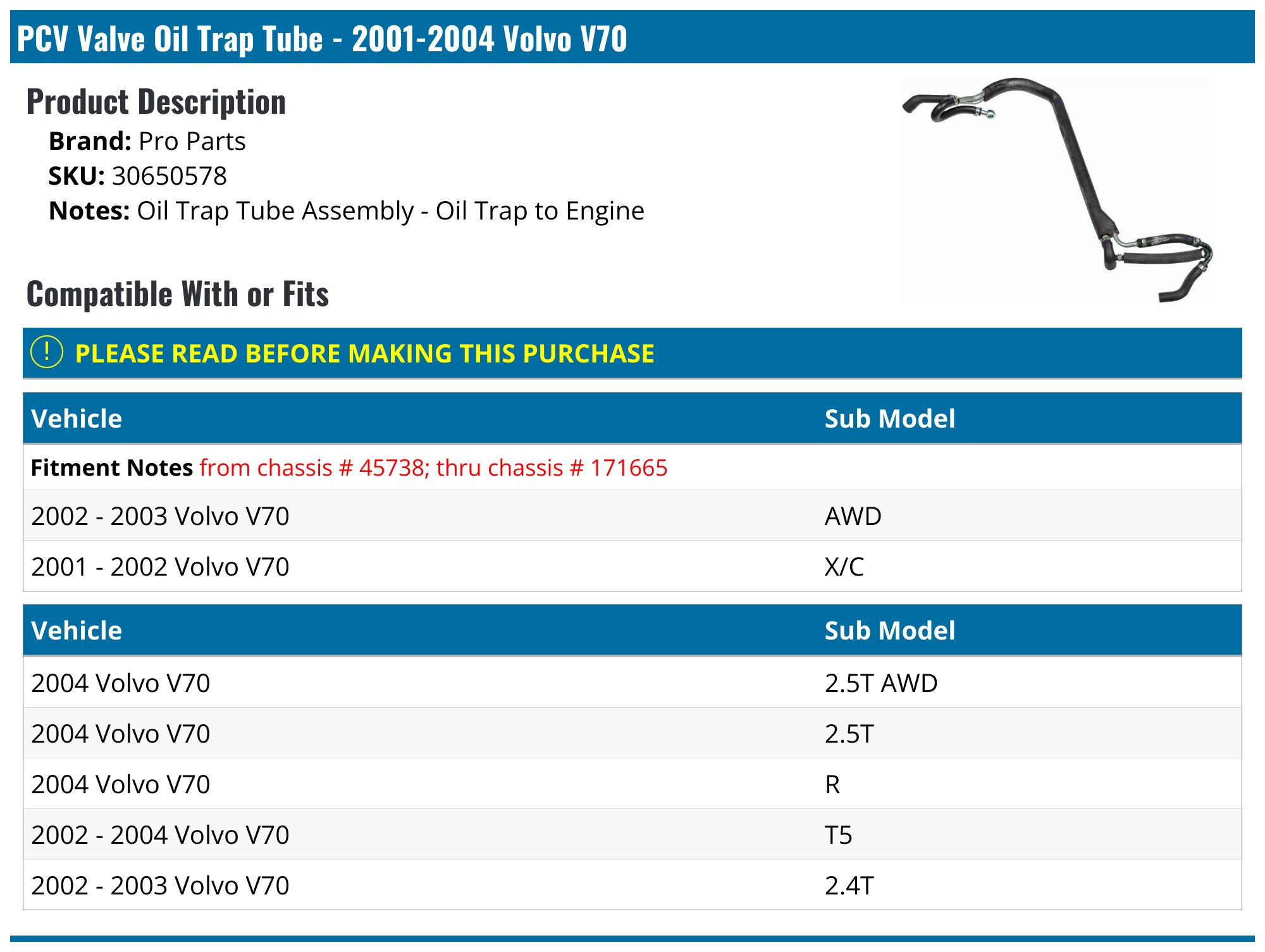 2001-2004 Volvo V70 PCV Valve Oil Trap Tube - Pro Parts 30650578 ...