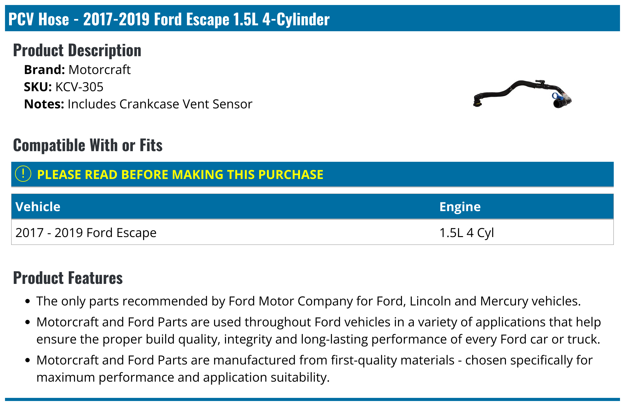 2017-2019 Ford Escape PCV Hose - Motorcraft KCV-305 - PartsGeek.com